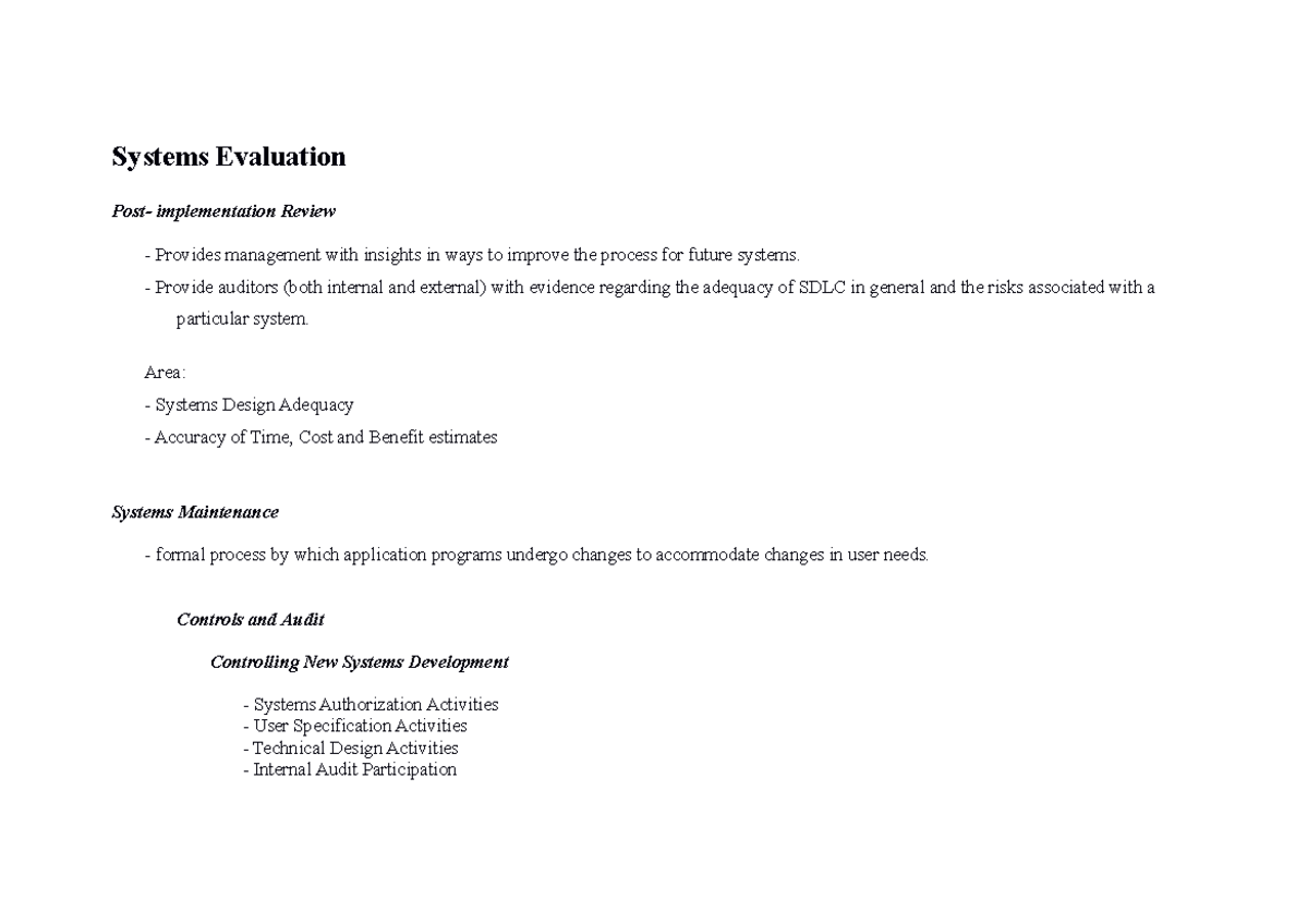 Information System Analysis and Design - Systems Evaluation Post ...