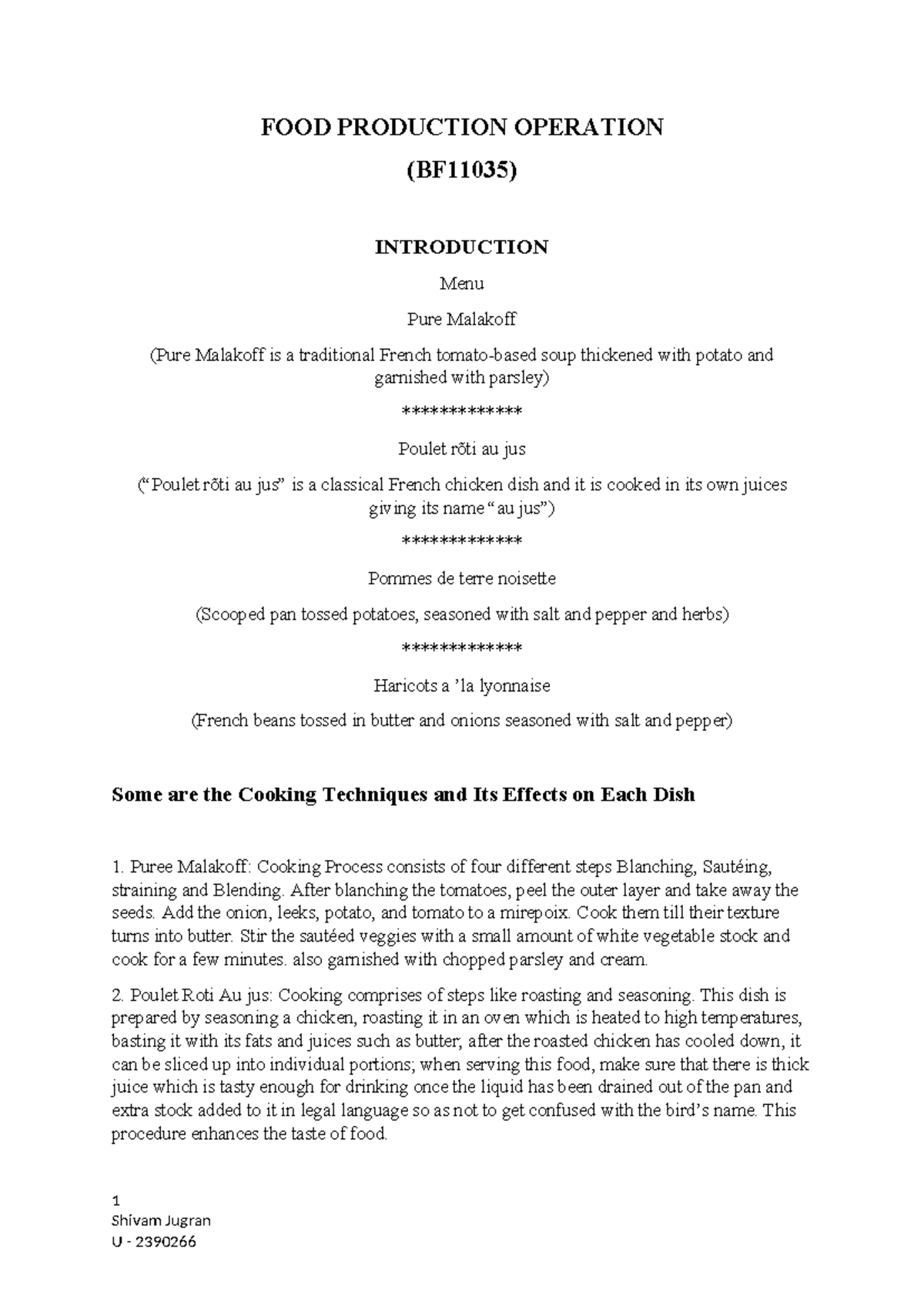 FOOD Production Operation - FOOD PRODUCTION OPERATION (BF11035 ...