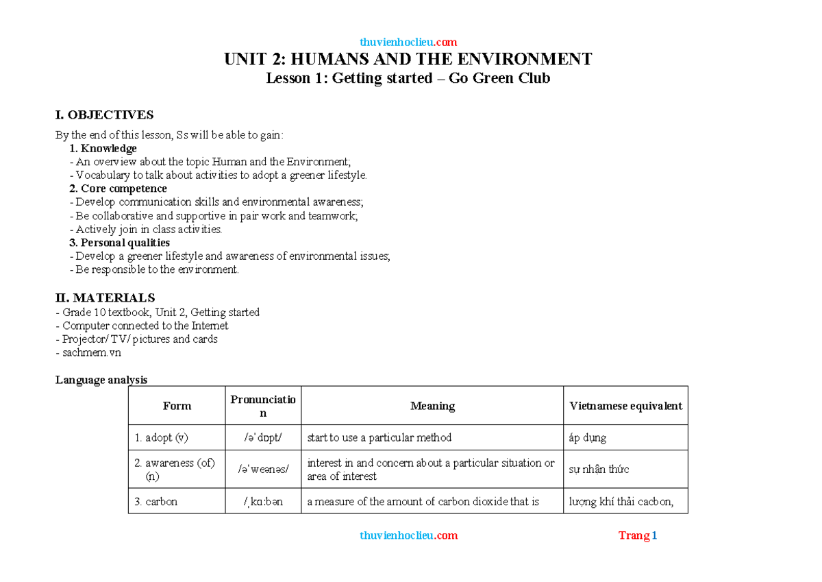 Thuvienhoclieu - good - UNIT 2: HUMANS AND THE ENVIRONMENT Lesson 1 ...