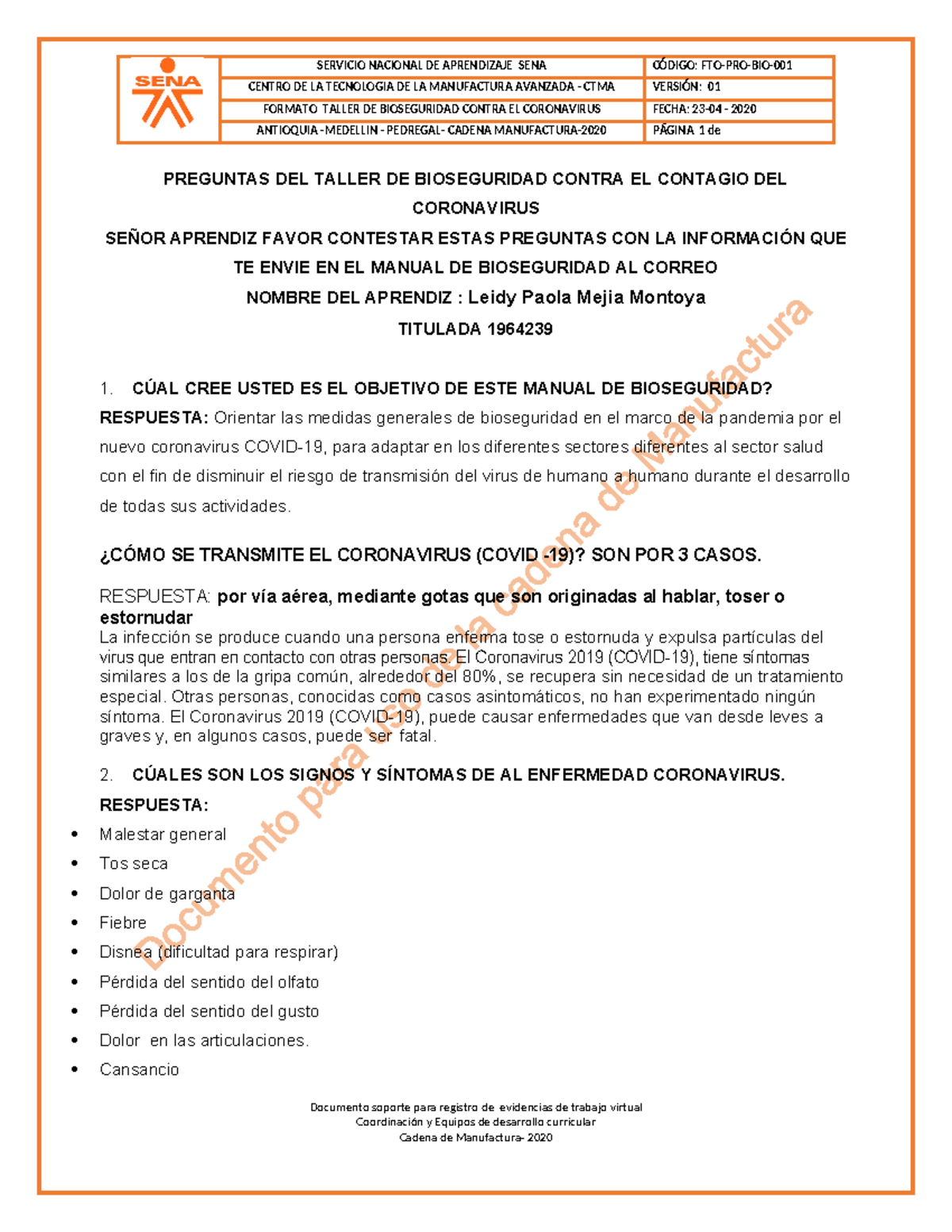 Taller Bioseguridad - CENTRO DE LA TECNOLOGIA DE LA MANUFACTURA ...