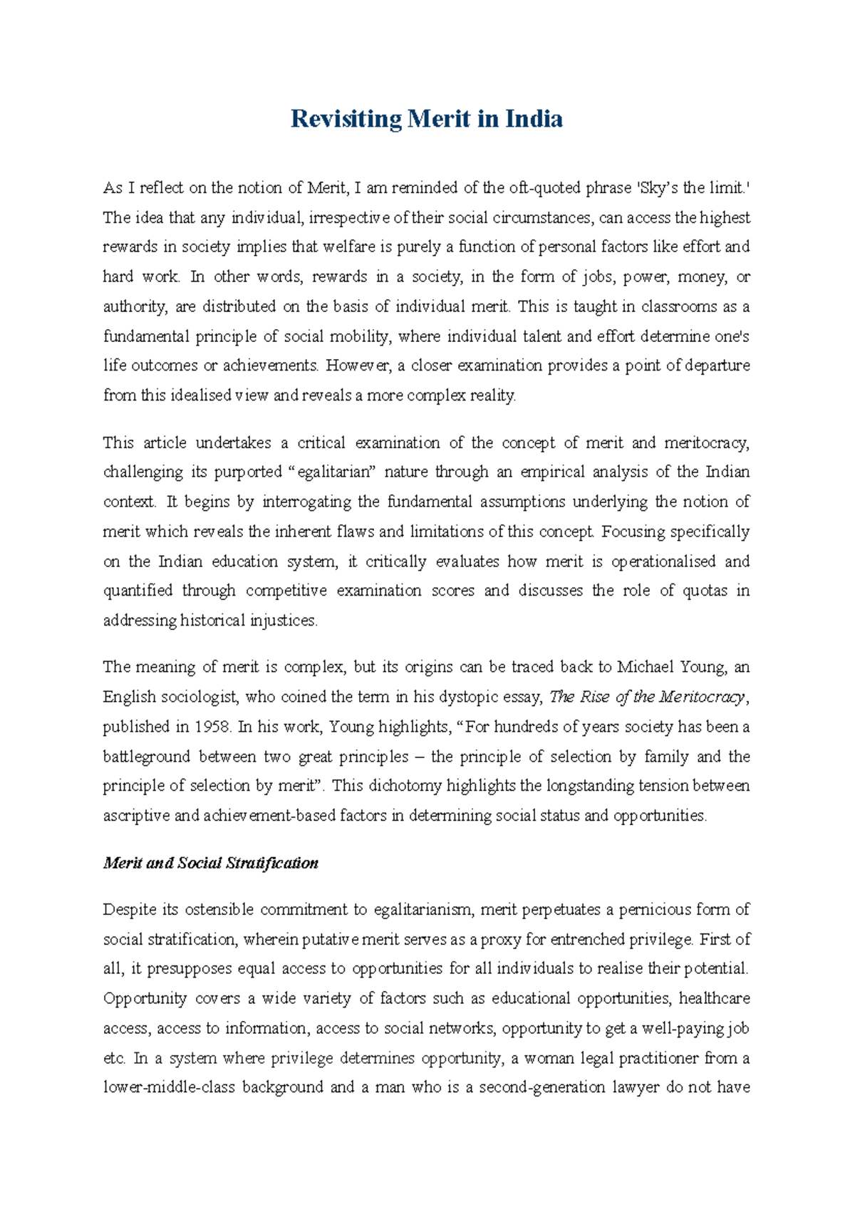 Merit Article - Revisiting Merit in India As I reflect on the notion of ...