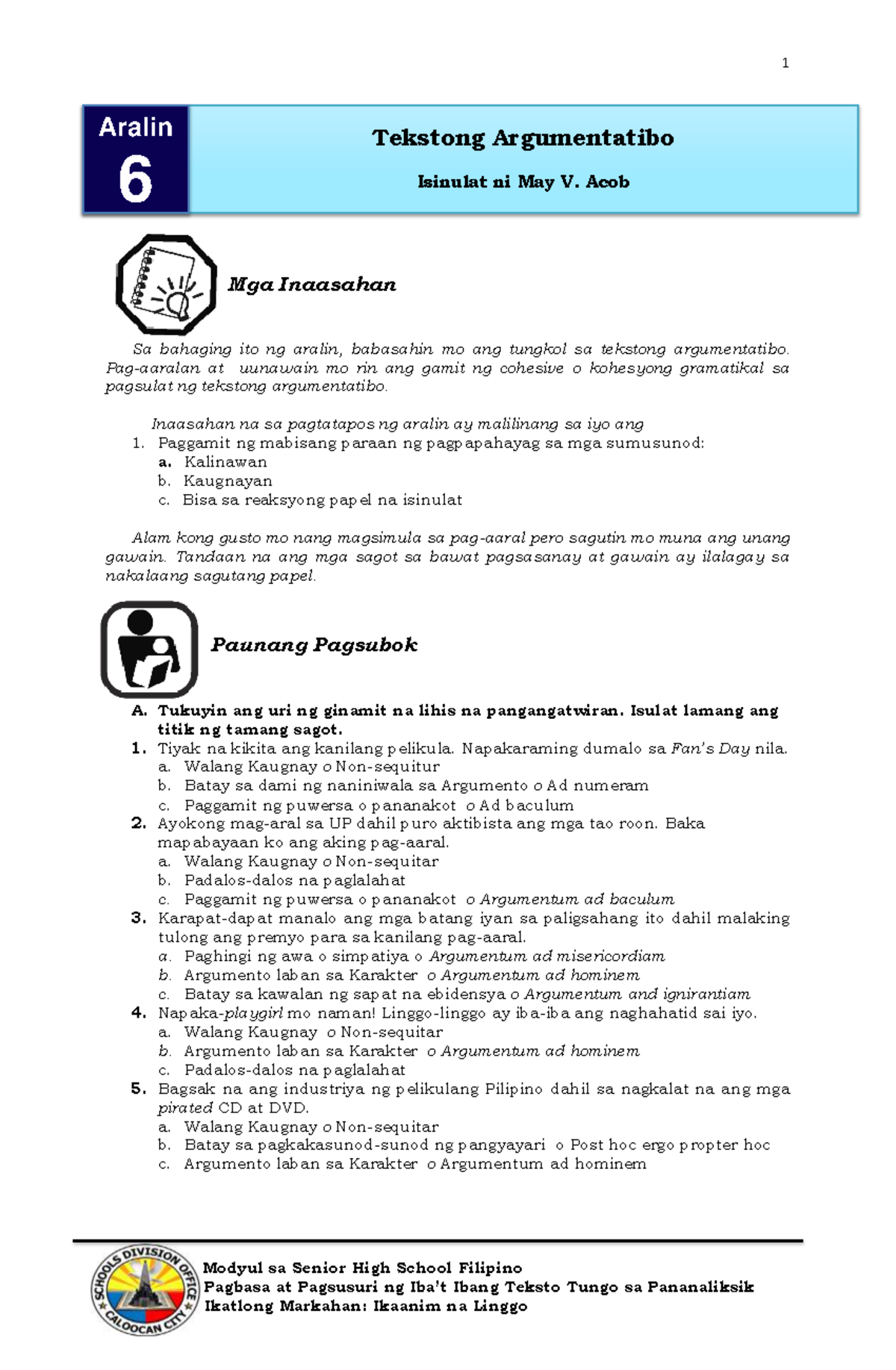Pagbasa at Pagsusuri Filipino 11 Q3 W6 - Modyul sa Senior High School ...