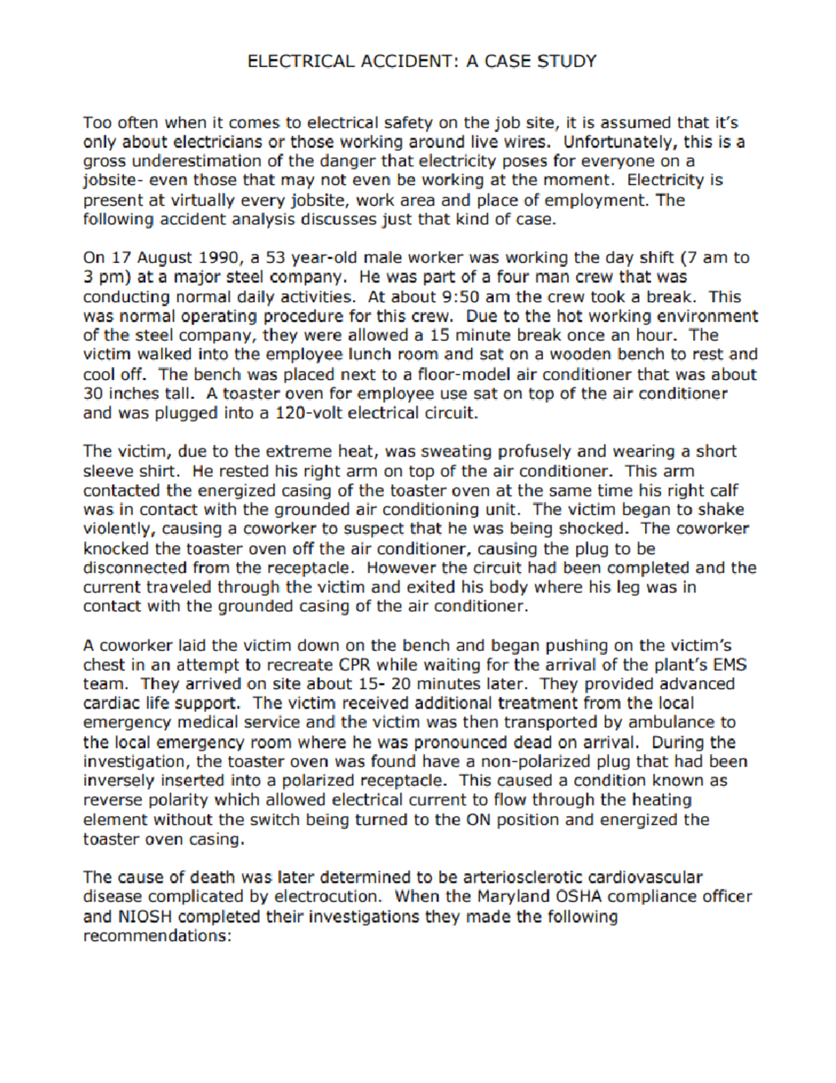 Case Study 6 Electrical Accident - Instruction: Act as the OSHA ...