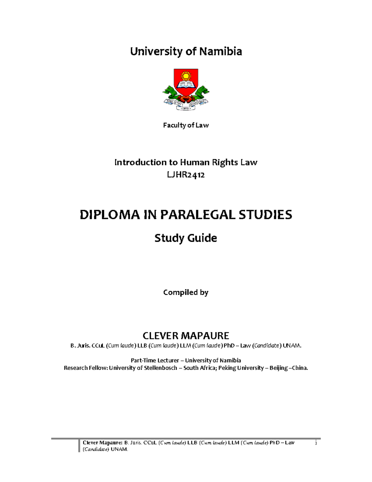 JHR3761 Human Rights Study Guide 1 1 - Clever Mapaure: B. Juris. CCuL ...