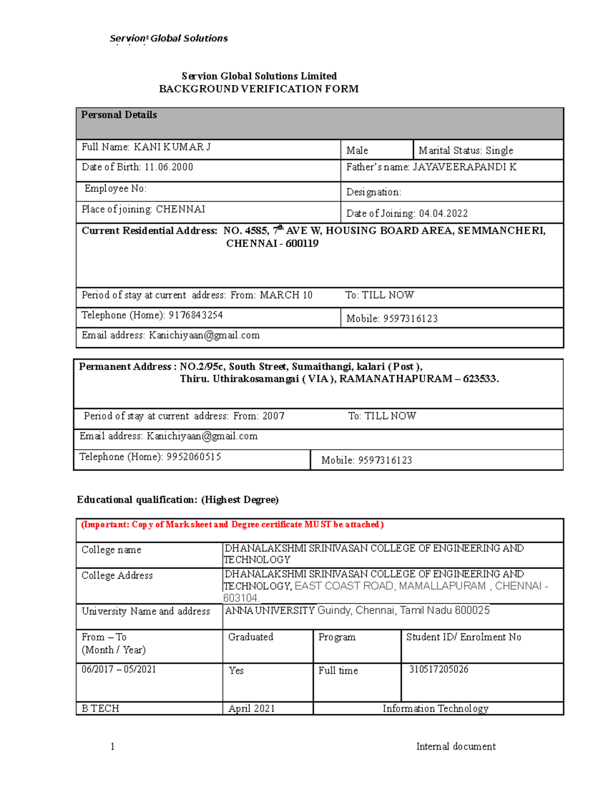 Background verification form - Serviont Global Solutions 1 Internal ...