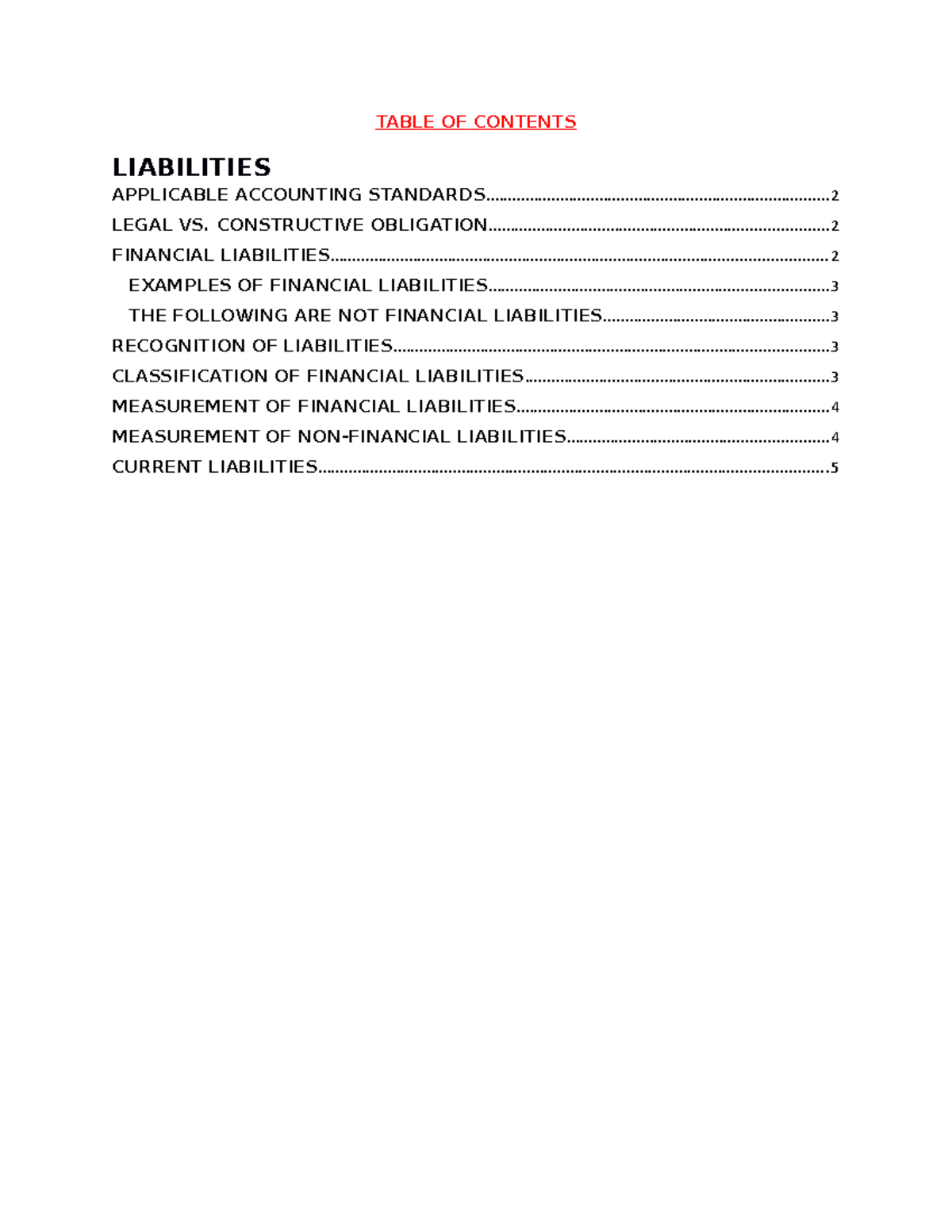 Define Liabilities - TABLE OF CONTENTS APPLICABLE ACCOUNTING - Studocu