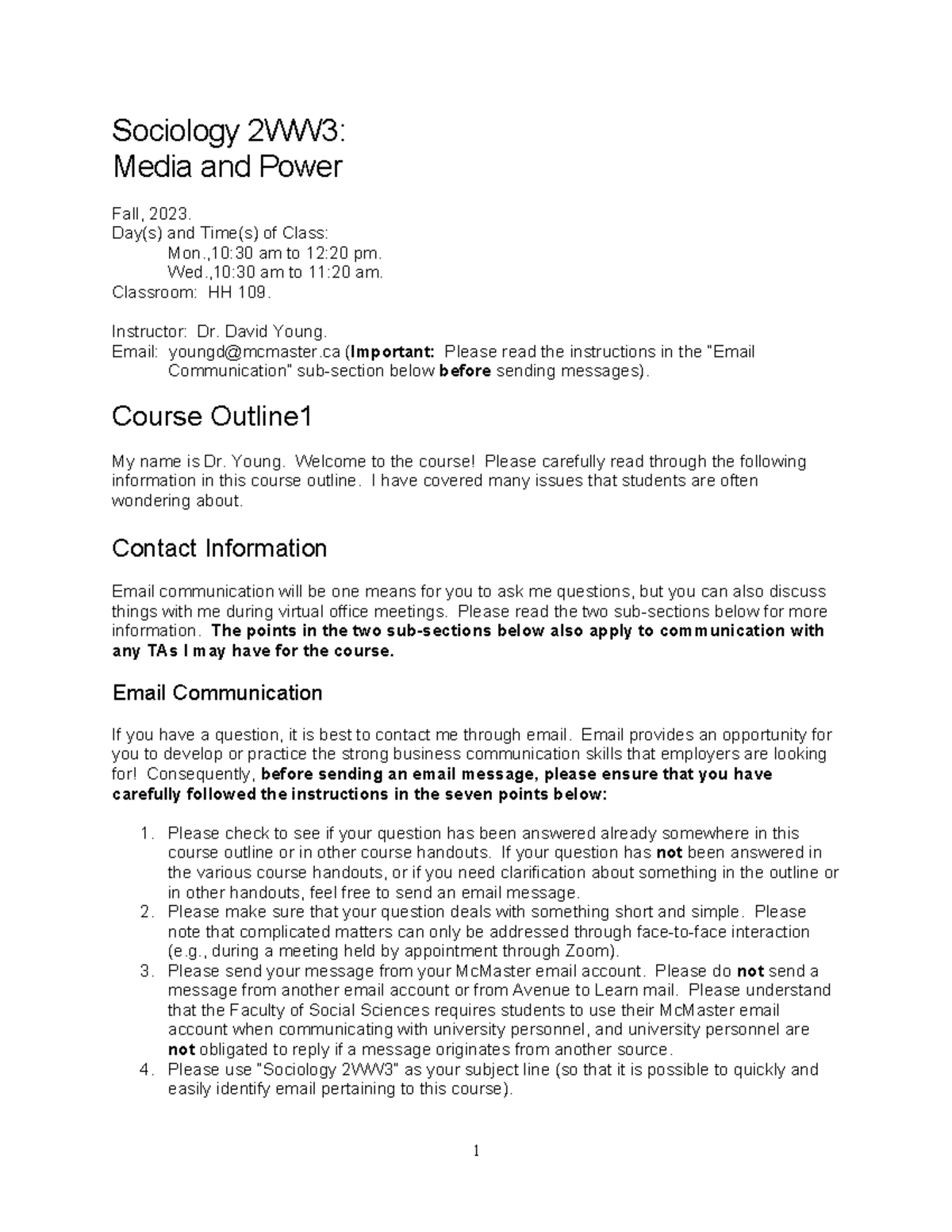 Media and Power Course Outline - Sociology 2WW3: Media and Power Fall ...