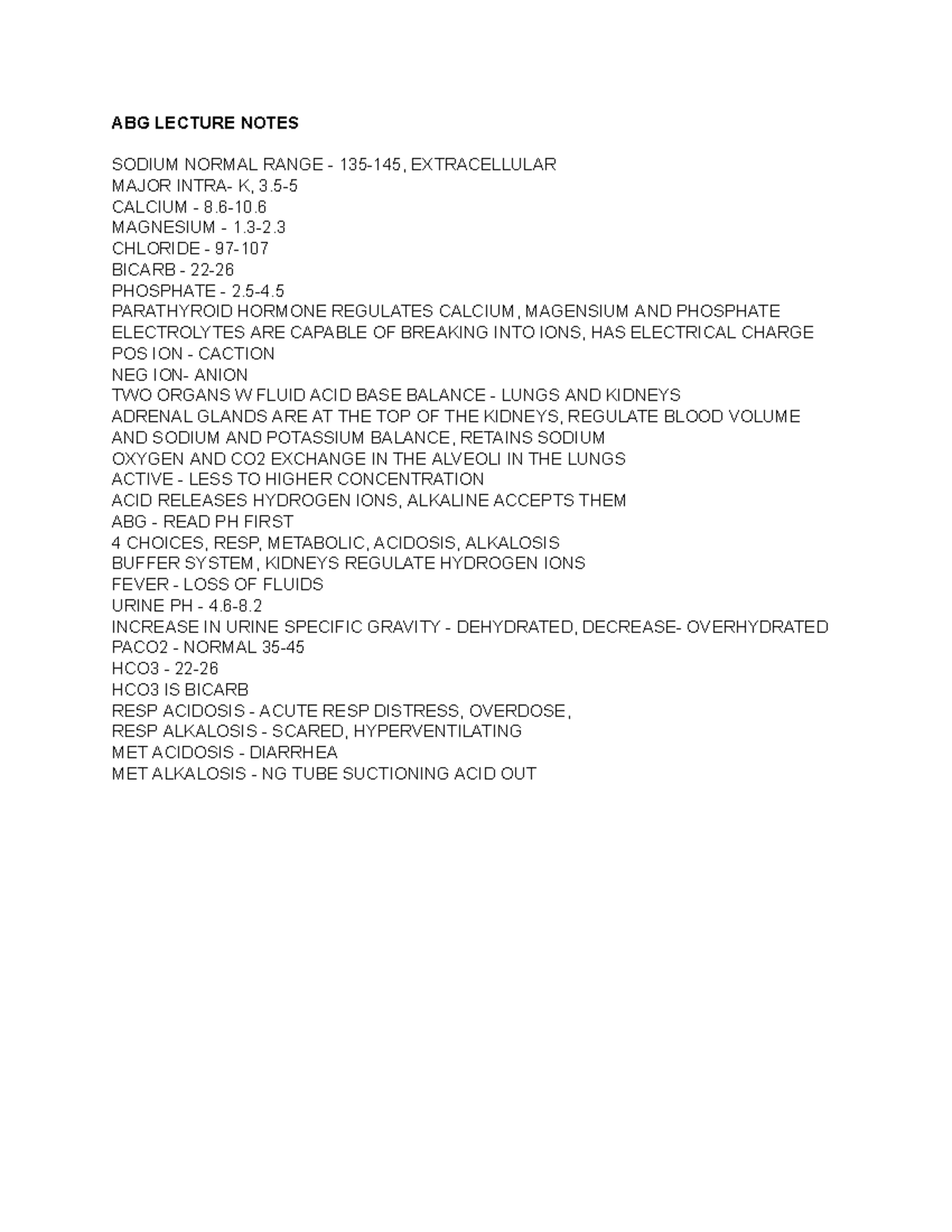 ABG Lecture Notes - ABG LECTURE NOTES SODIUM NORMAL RANGE - 135-145 ...