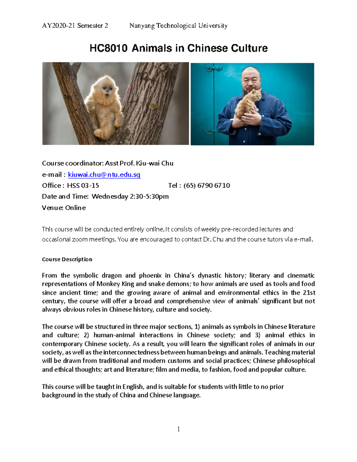 AY20-21 Sem 2 HC8010 Animals in Chinese Culture Outline 070121 - HC8010 Animals in Chinese ...