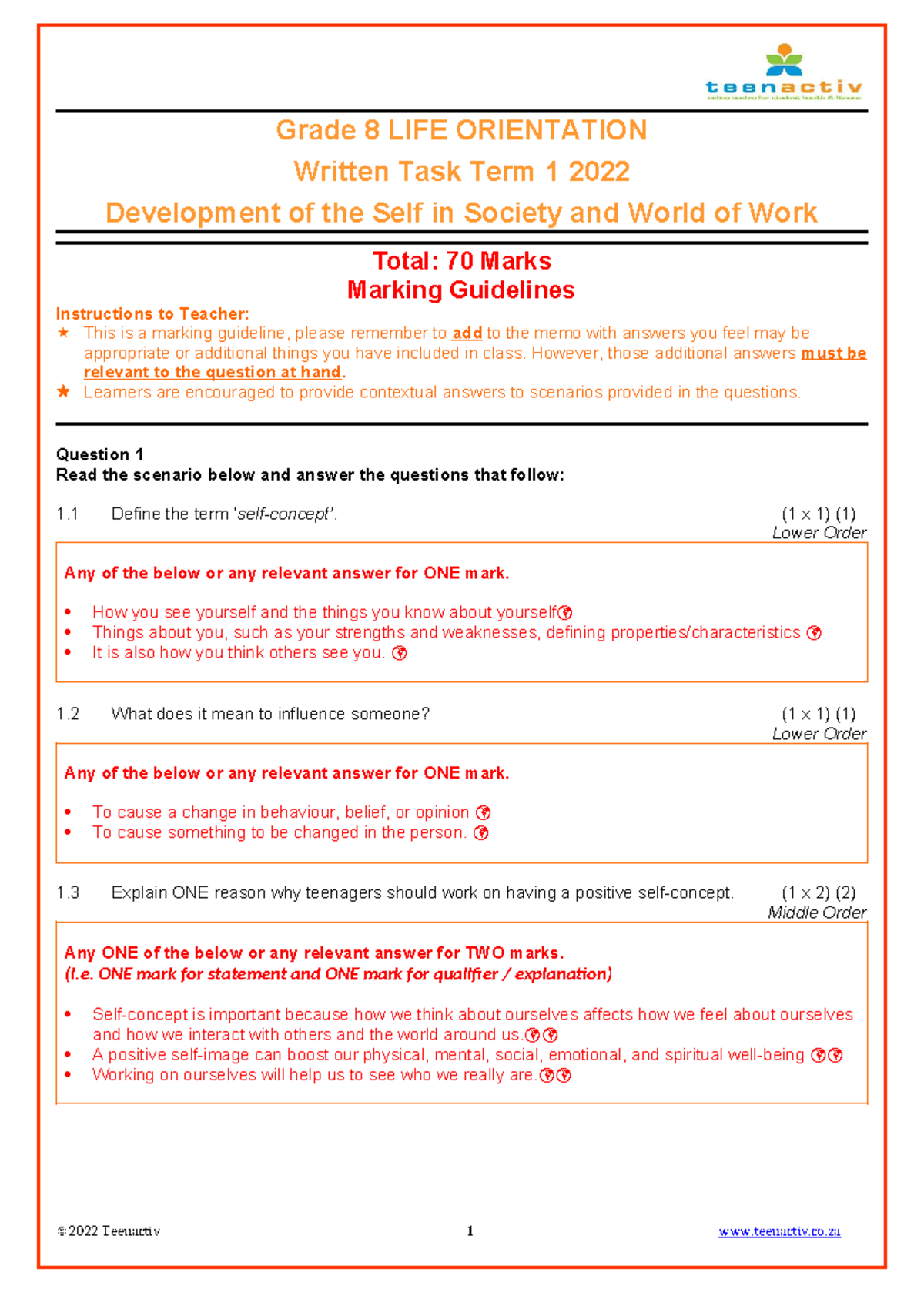 Gr8 Written Task MEMO (2022) life orientation - Grade 8 LIFE ...