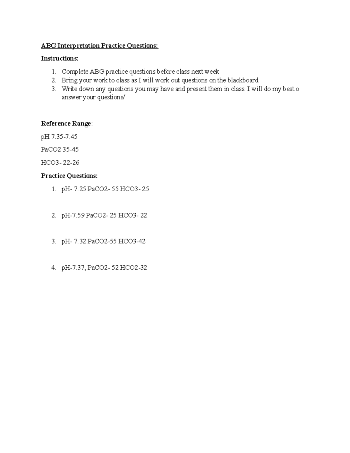 ABG Interpretation Practice Questions Homework Assignment Student Copy ...