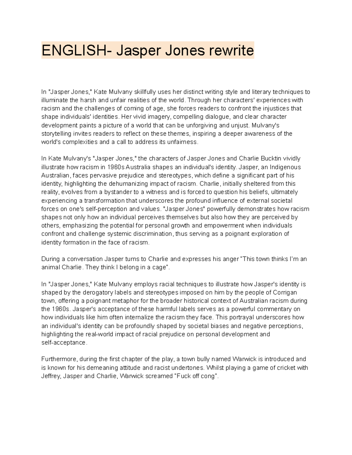 English- Jasper Jones rewrite - ENGLISH- Jasper Jones rewrite In ...