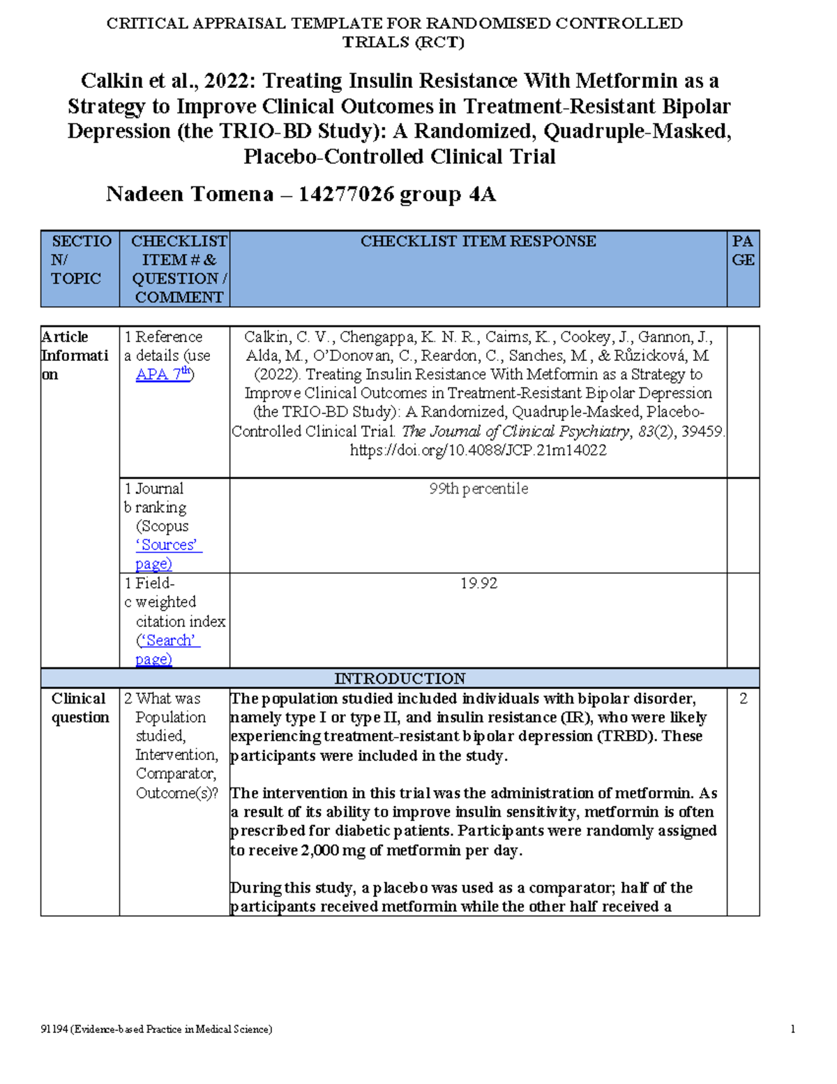 RCT Appraisal Template Finale - CRITICAL APPRAISAL TEMPLATE FOR RANDOMISED CONTROLLED TRIALS ...