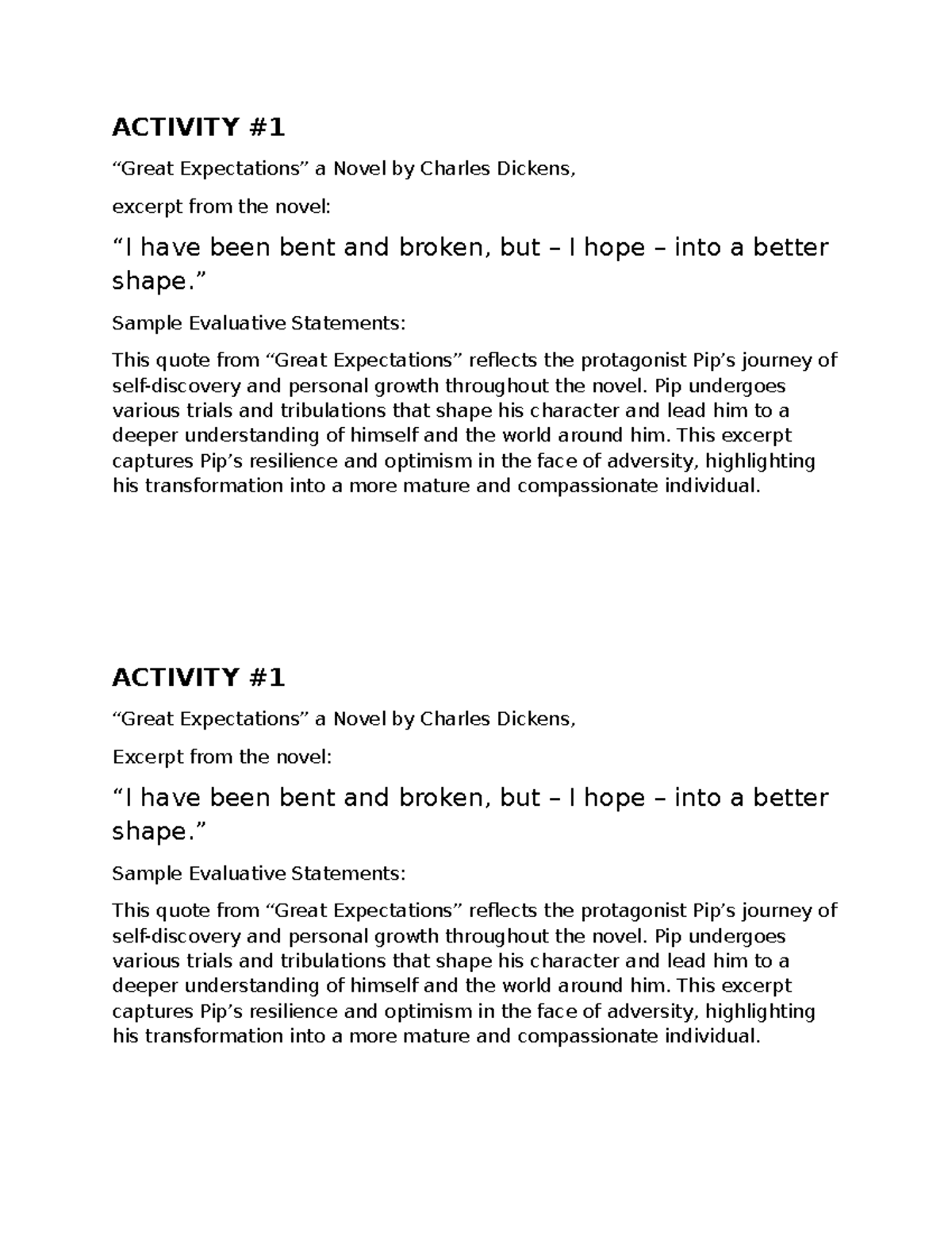 Activity - Activities for kindergarten - ACTIVITY “Great Expectations ...