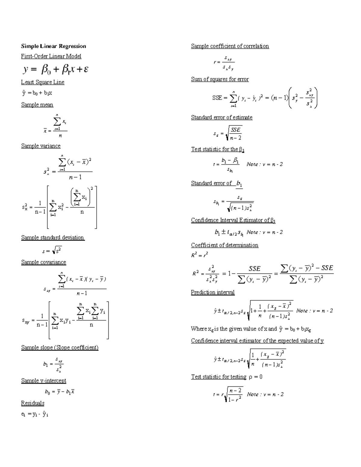 Formula sheets for test - Sample coefficient of correlation Simple ...