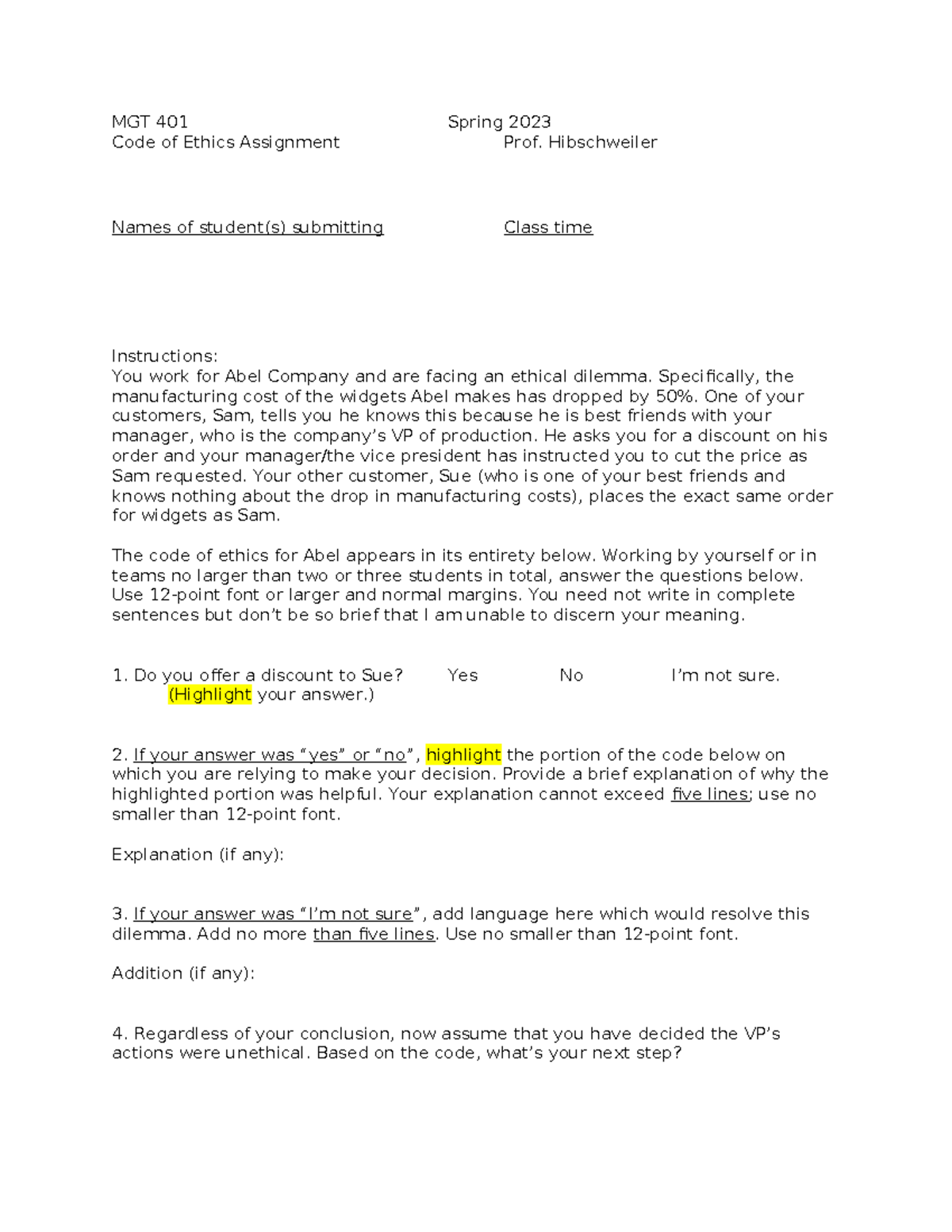 Code of Ethics HW S23-2 - MGT 401 Spring 2023 Code of Ethics Assignment ...