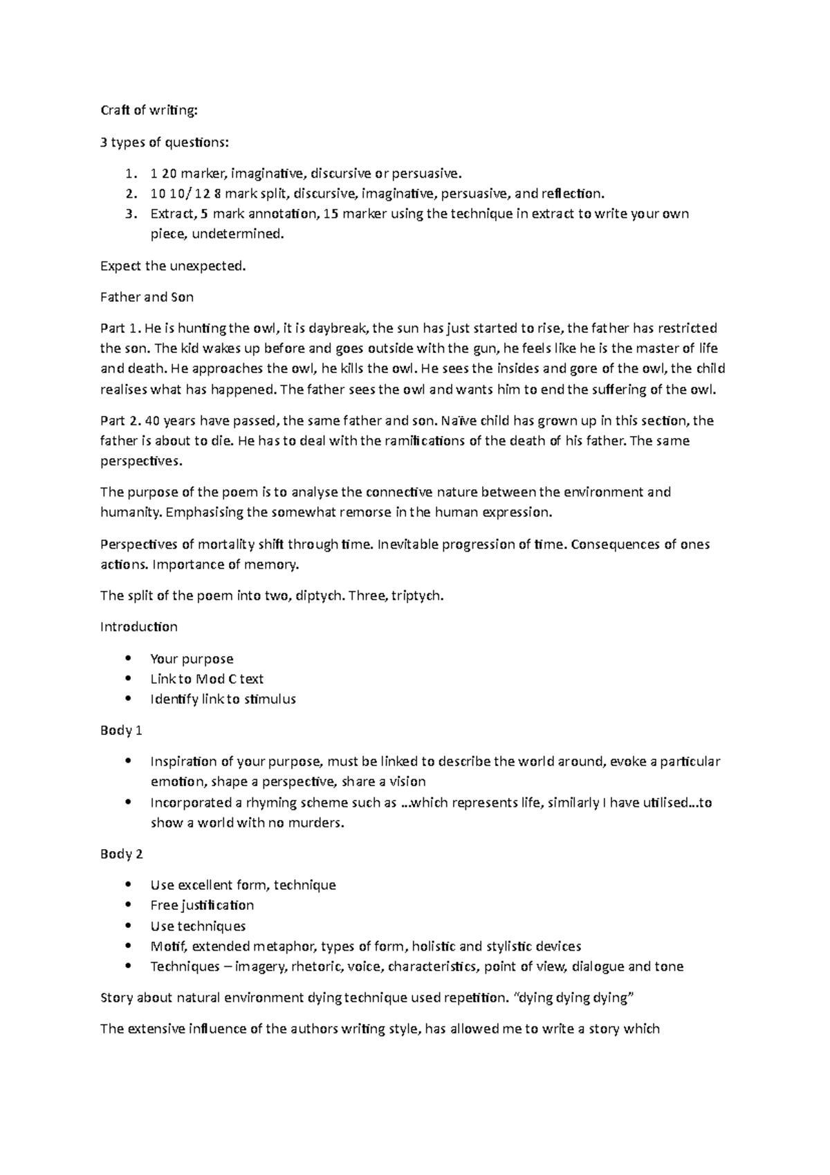 Craft of writing - English - Craft of writing: 3 types of questions: 1 ...