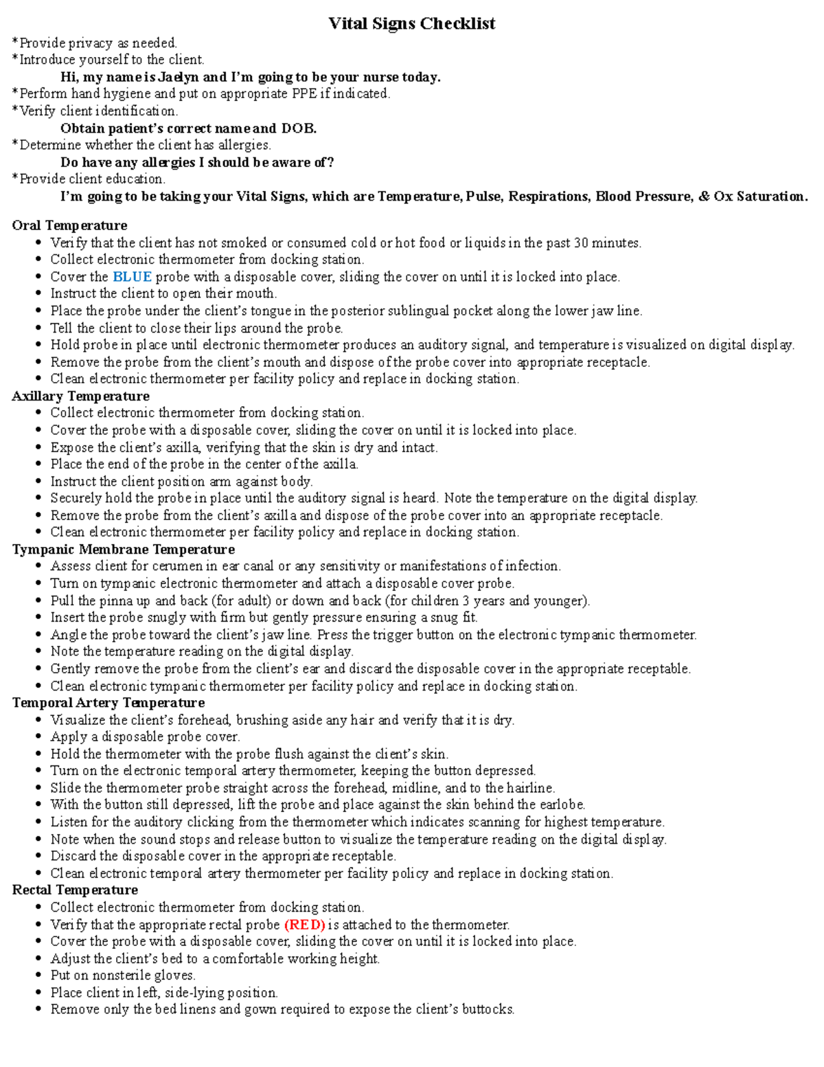 Vital Signs Checklist - Vital Signs Checklist *Provide privacy as ...