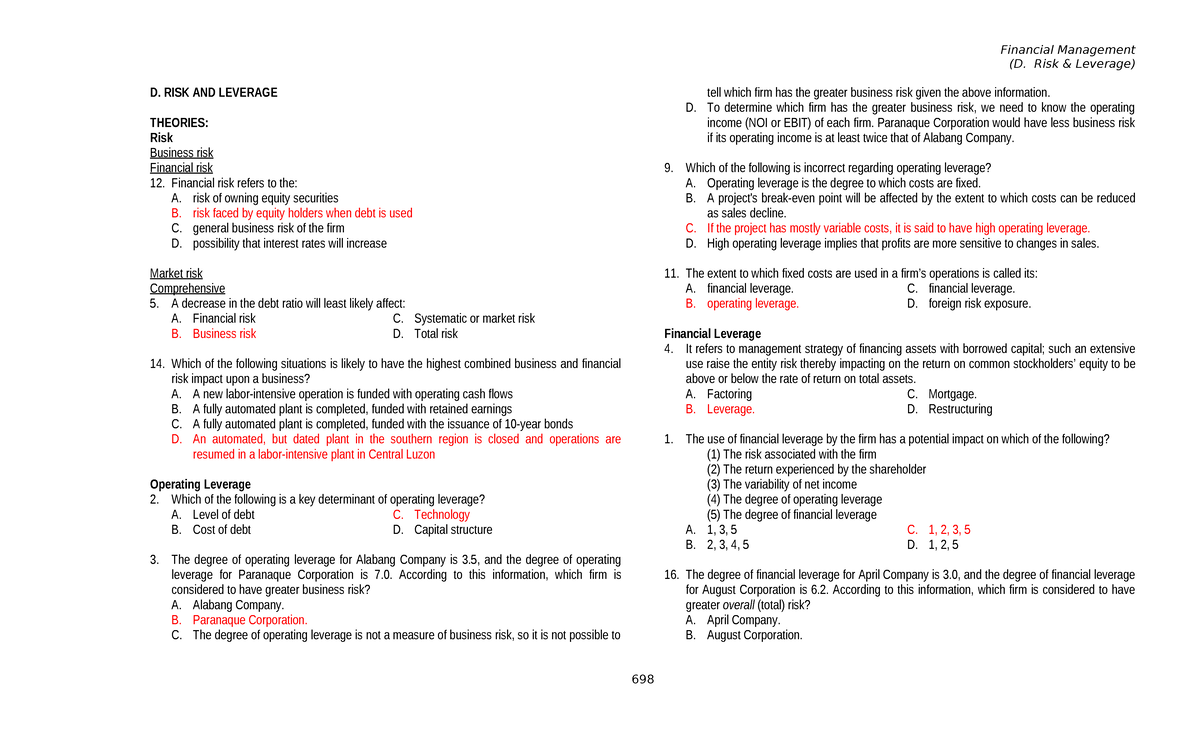16 x11 Fin Man Risk and Leverage - (D. Risk & Leverage) D. RISK AND ...