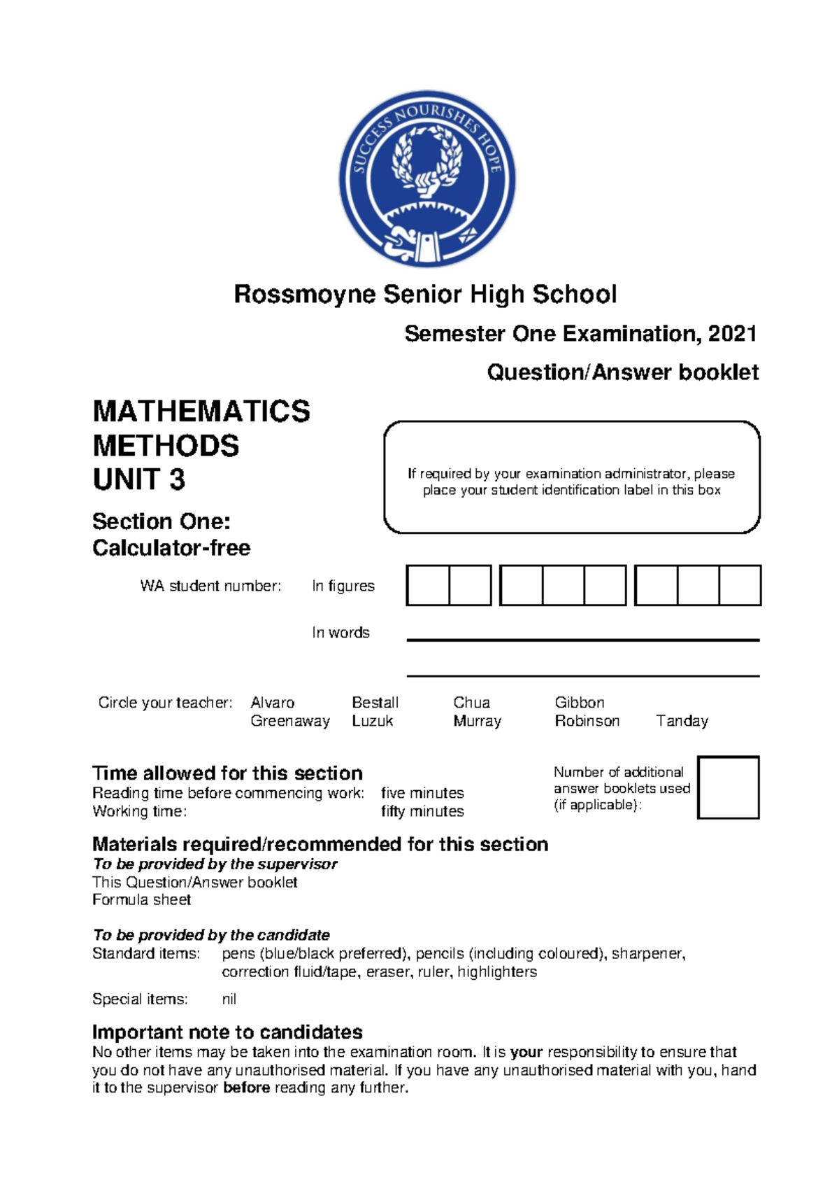 12M - Sem 1 Exam CF v3 - practice test - Rossmoyne Senior High School ...