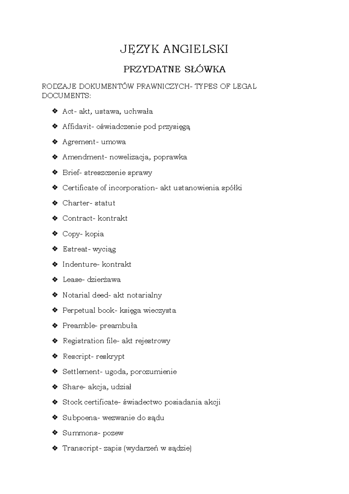 Przydatne słówka i zwroty prawnicze z języka angielskiego - JĘZYK ANGIELSKI PRZYDATNE SŁÓWKA ...