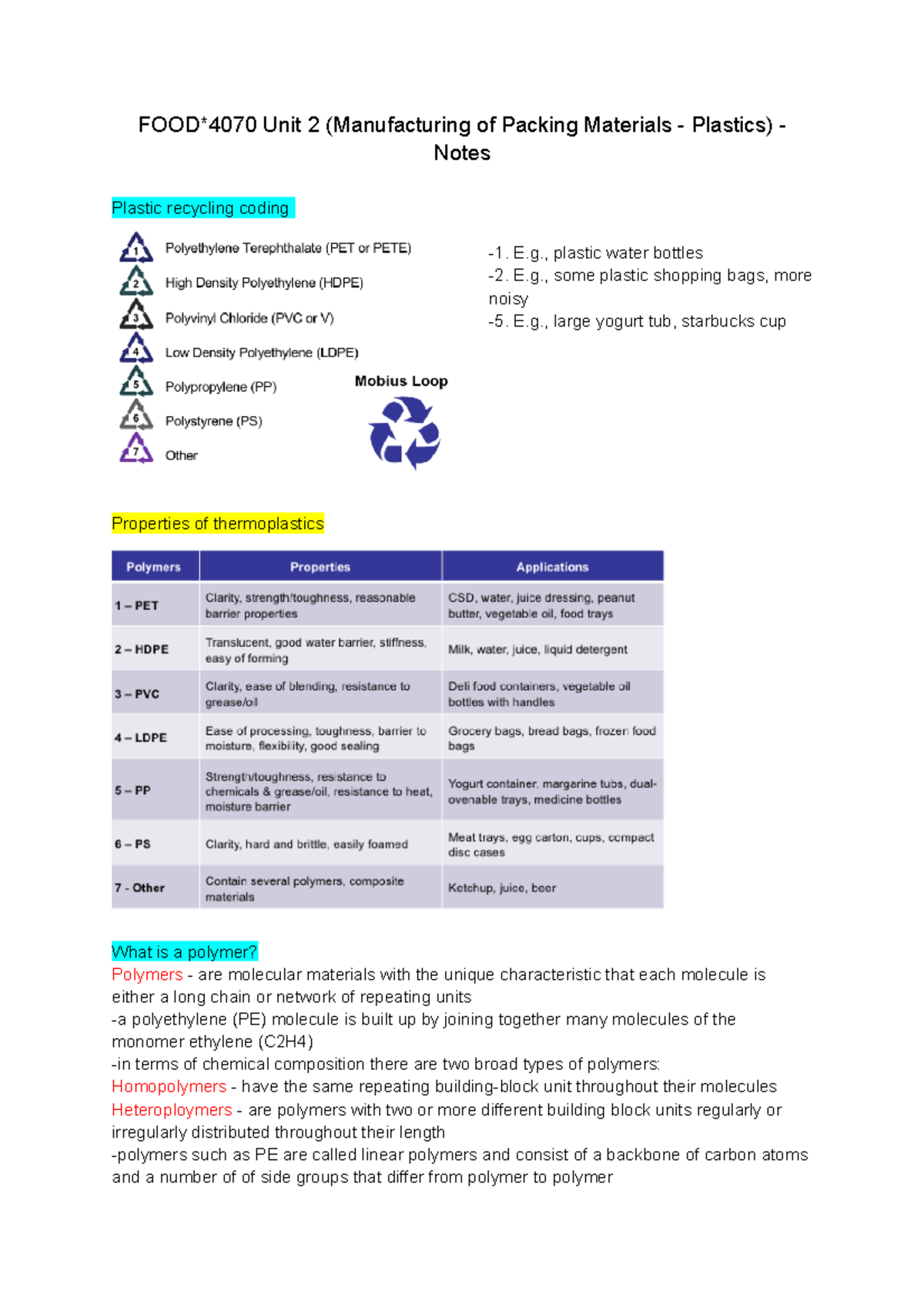 FOOD 4070 Unit 2 (Manufacturing of Packing Materials - Plastics ...