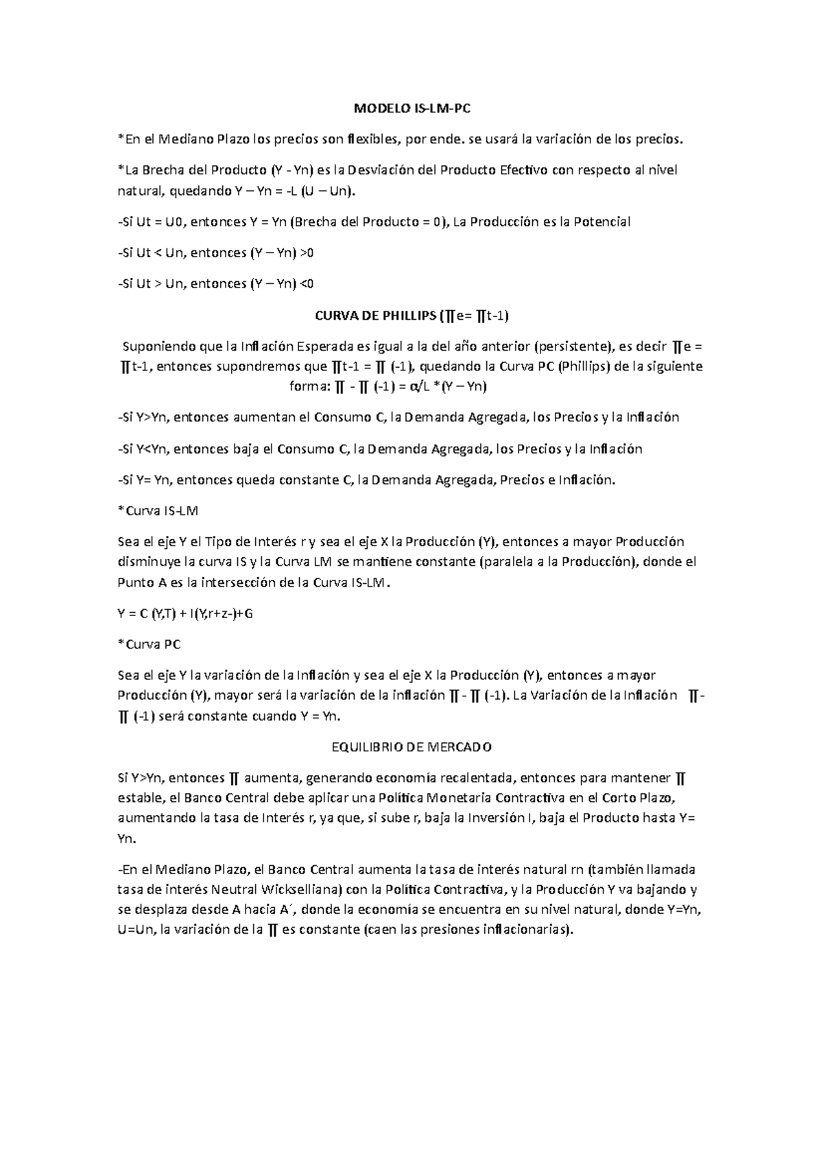 Modelo IS-LM-PC - RESUMEN - MODELO IS-LM-PC *En el Mediano Plazo los ...