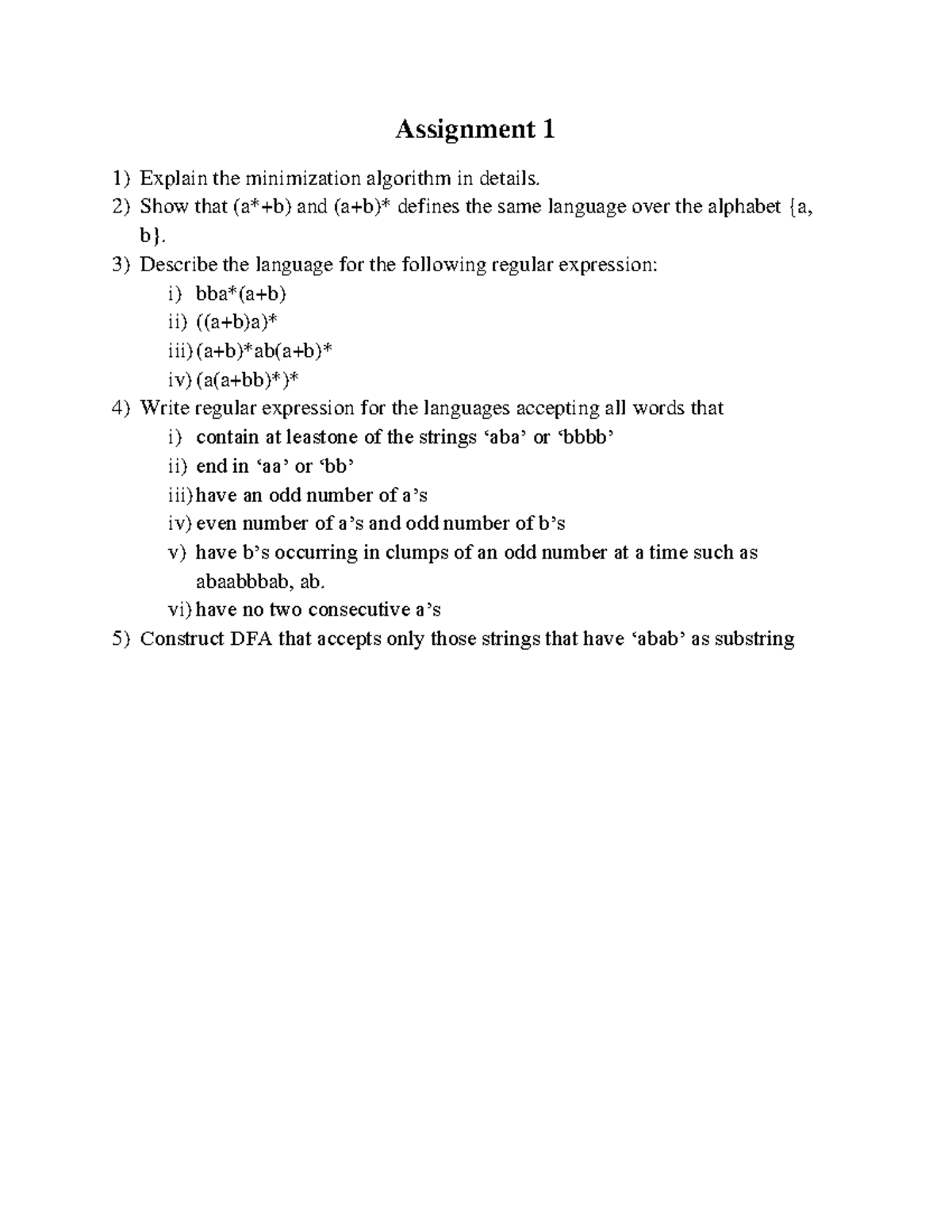 TOC assignment 1 - Assignment 1 Explain the minimization algorithm in ...