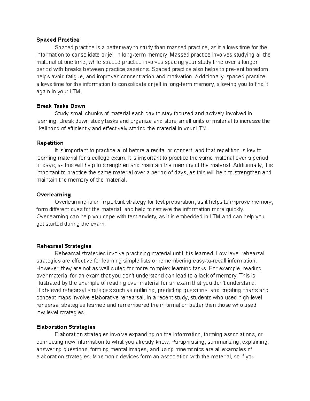 ASB 110 General Memory Stratgies Notes - Spaced Practice Spaced ...