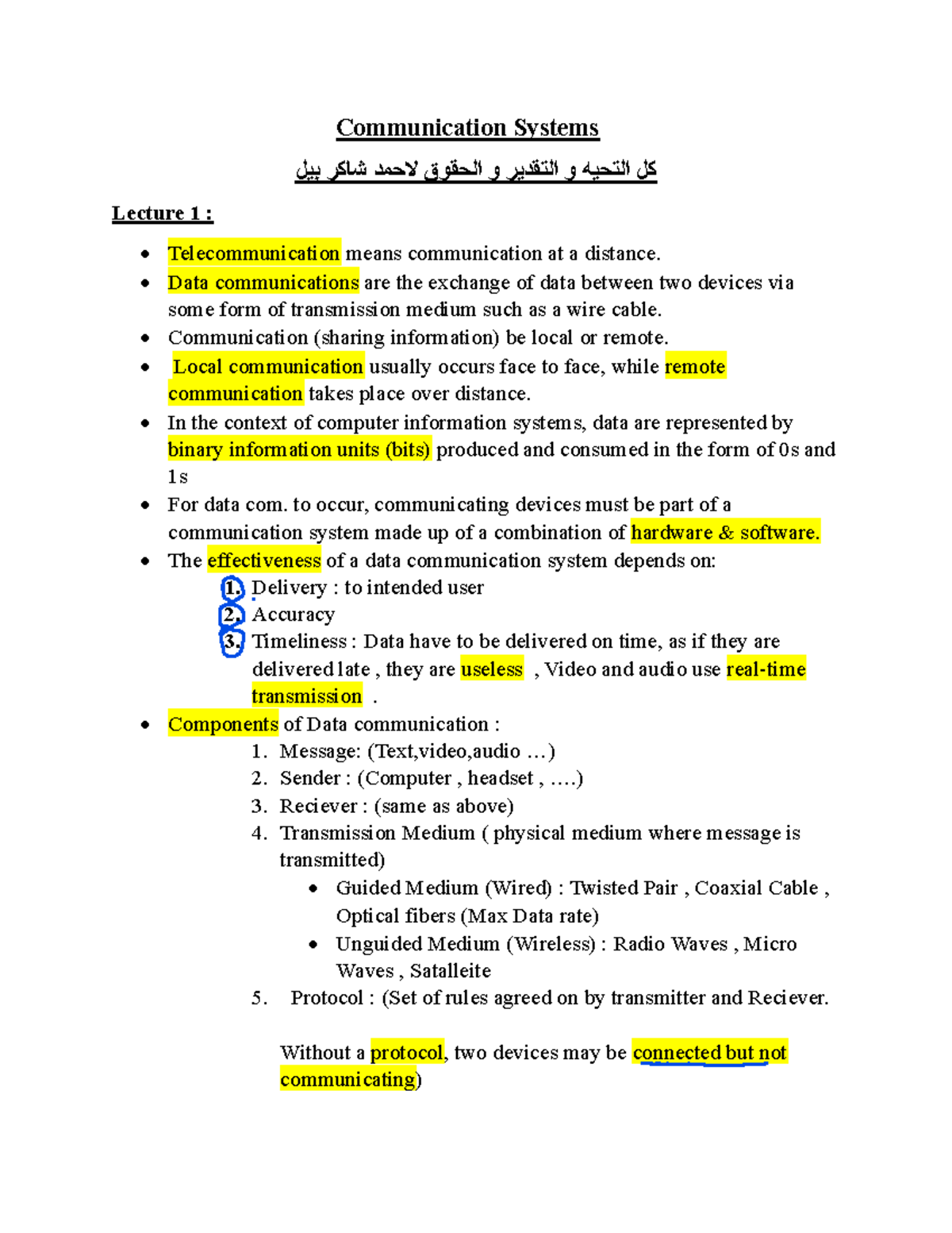 Lecture 1 Introduction Communication Systems د شاكر بيللاحم و الحقوق لتقديرو ا هالتحي لك