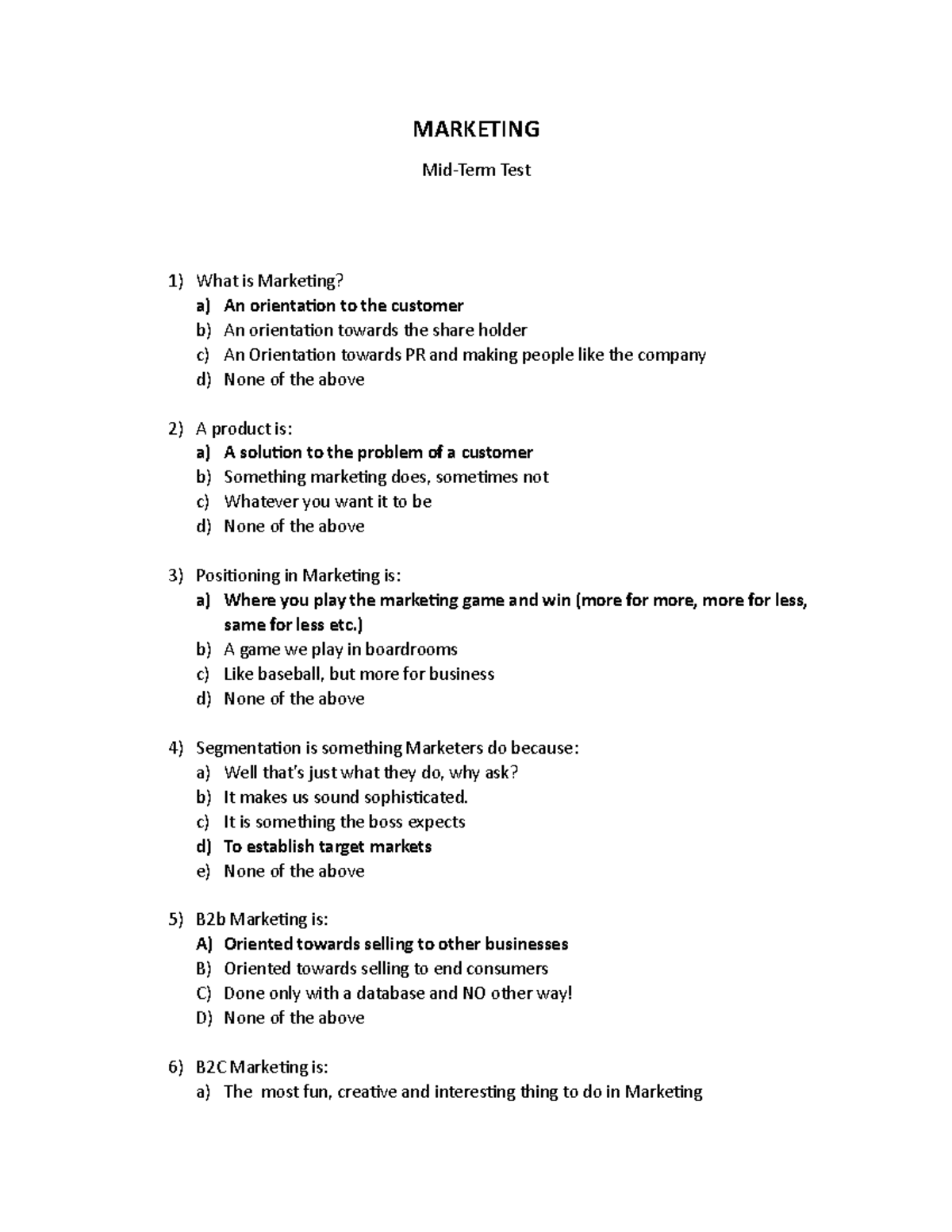 MKting Mid term with answers - MARKETING Mid-Term Test What is ...