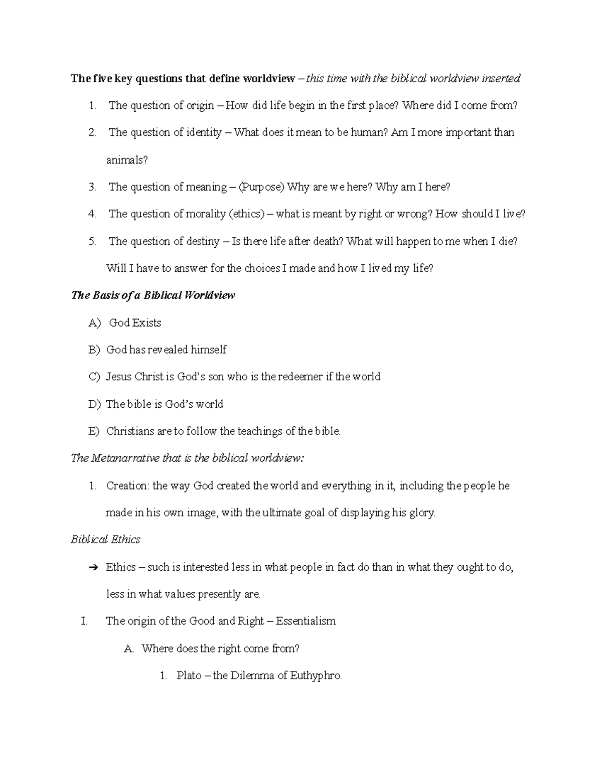 RLGN Lecture Notes-Biblical Worldview-Module Week 1 - The five key ...