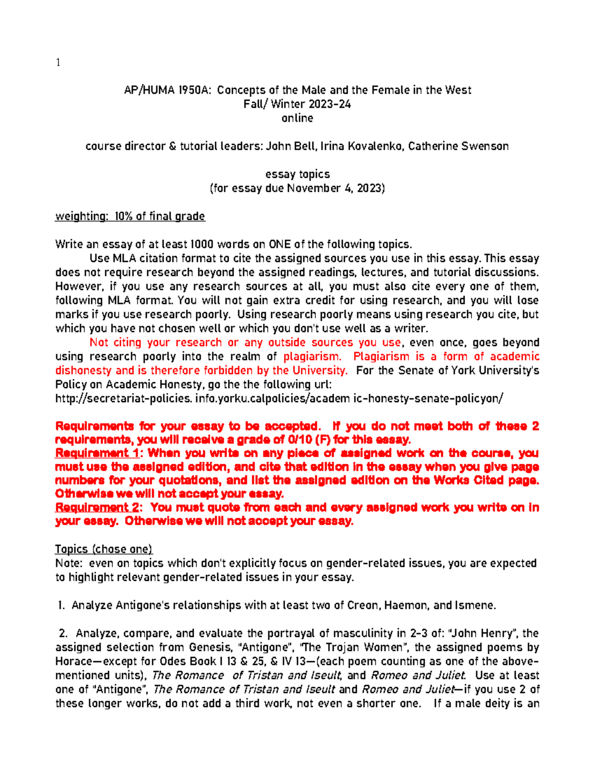 Et1-4 - E1-4 - 1 AP/HUMA 1950A: Concepts of the Male and the Female in ...