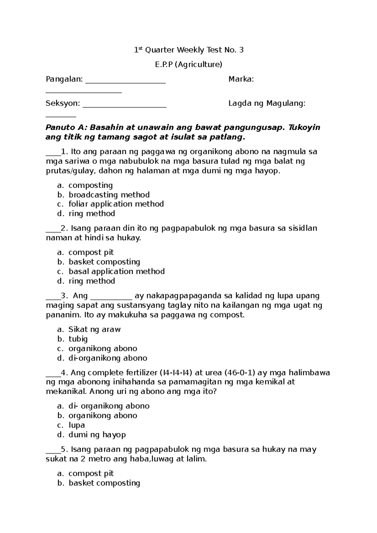 Weekly test 3rd - Copy - 1 st Quarter Weekly Test No. 3 E.P ...
