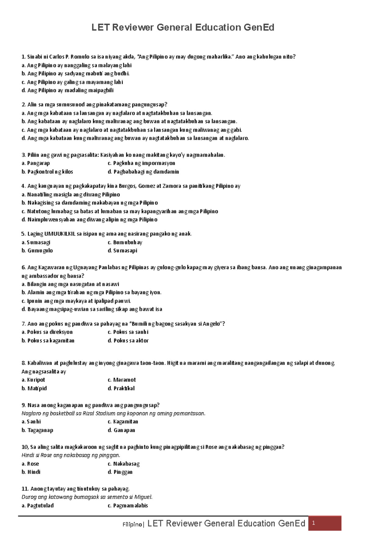 LET Reviewer General Education Gen Ed FIL - LET Reviewer General ...