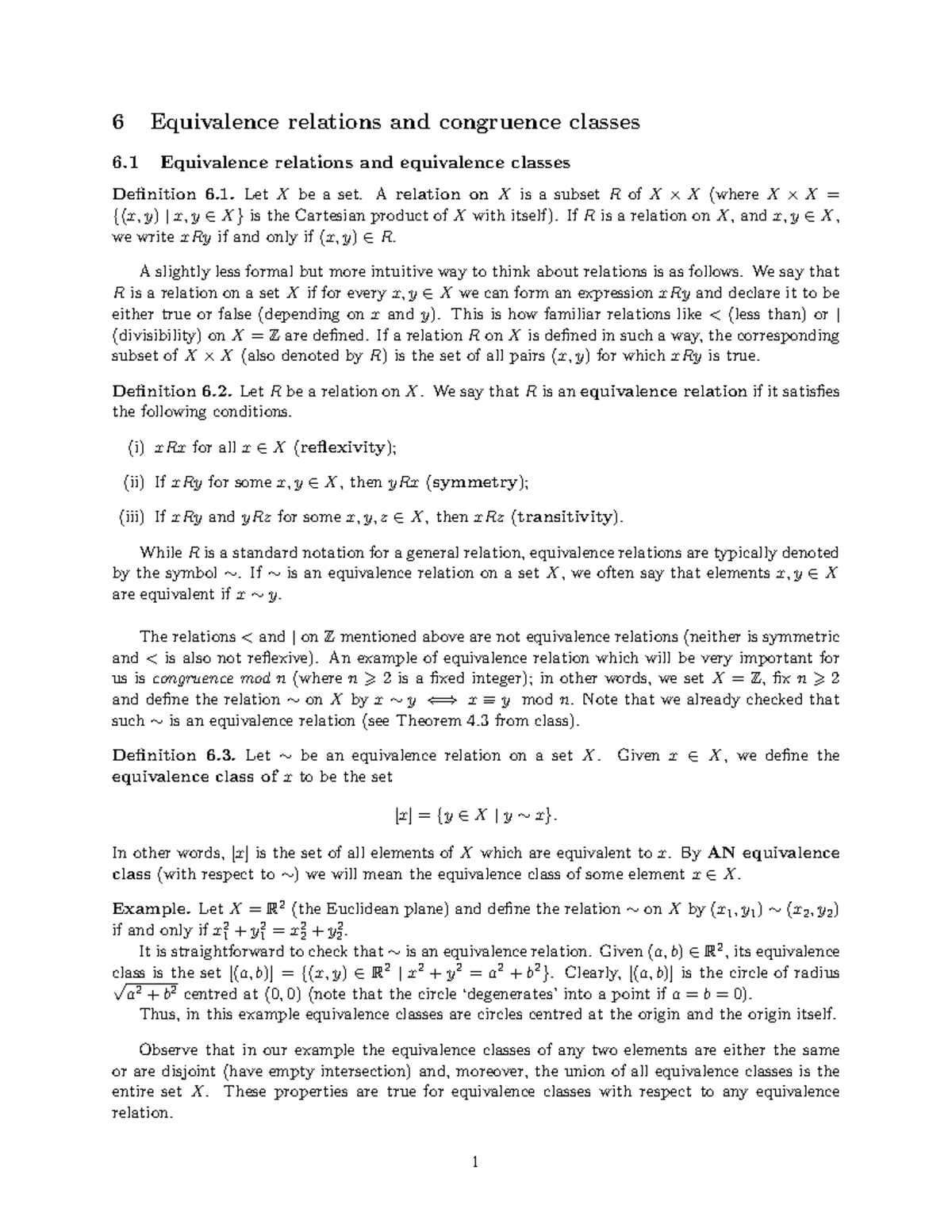 Lecture 6 - Class Notes - 6 Equivalence relations and congruence ...