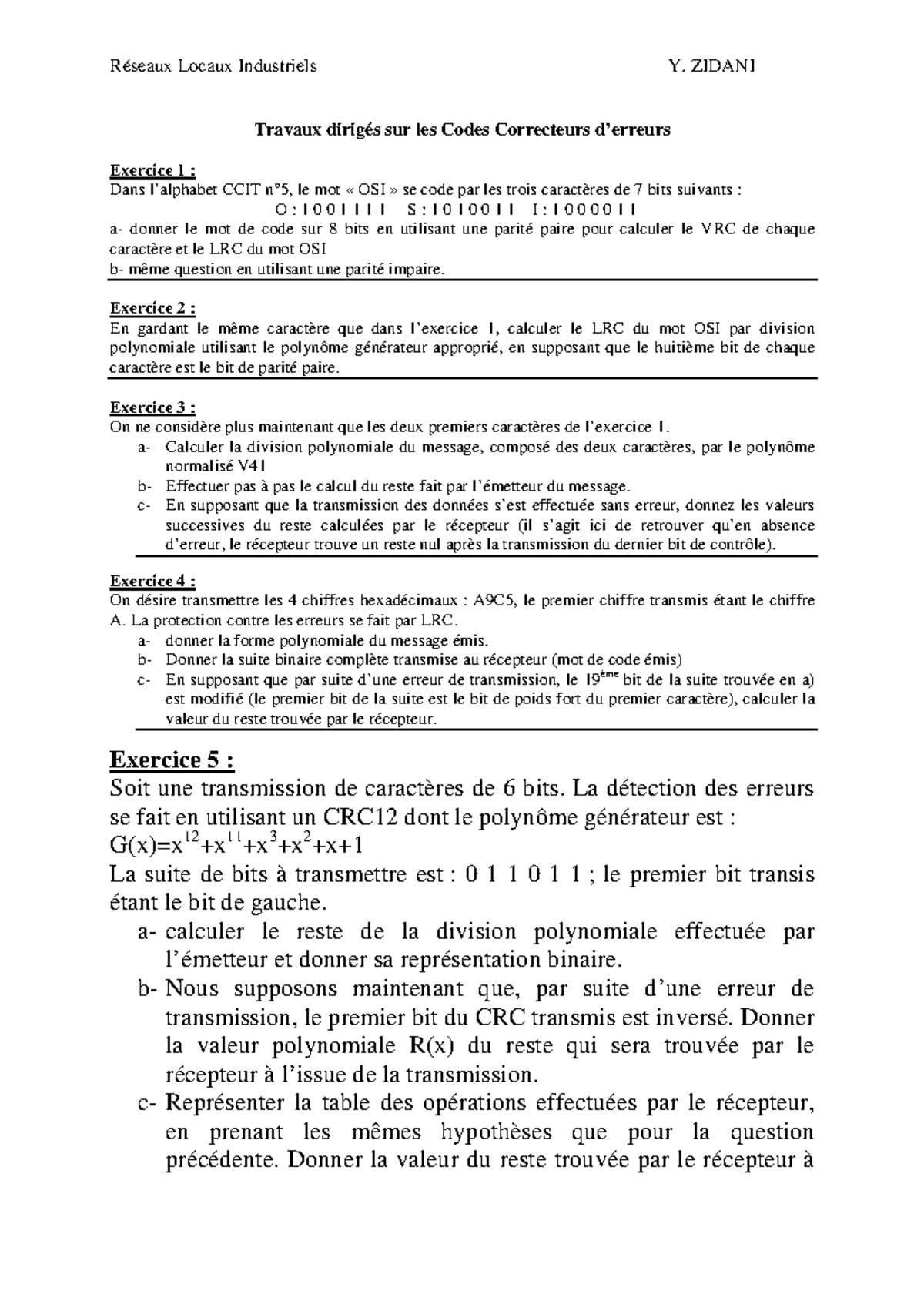 TD codage RLI - Travaux dirigés sur les Codes Correcteurs d’erreurs ...