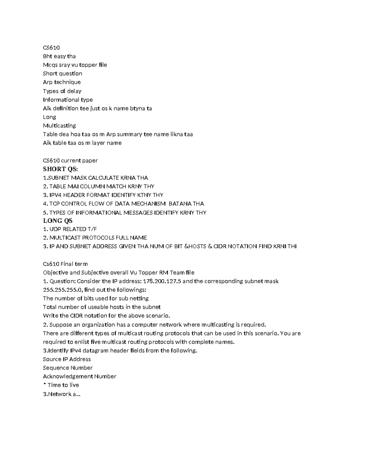 CS610 - current papers - CS Bht easy tha Mcqs sray vu topper file Short question Arp technique ...