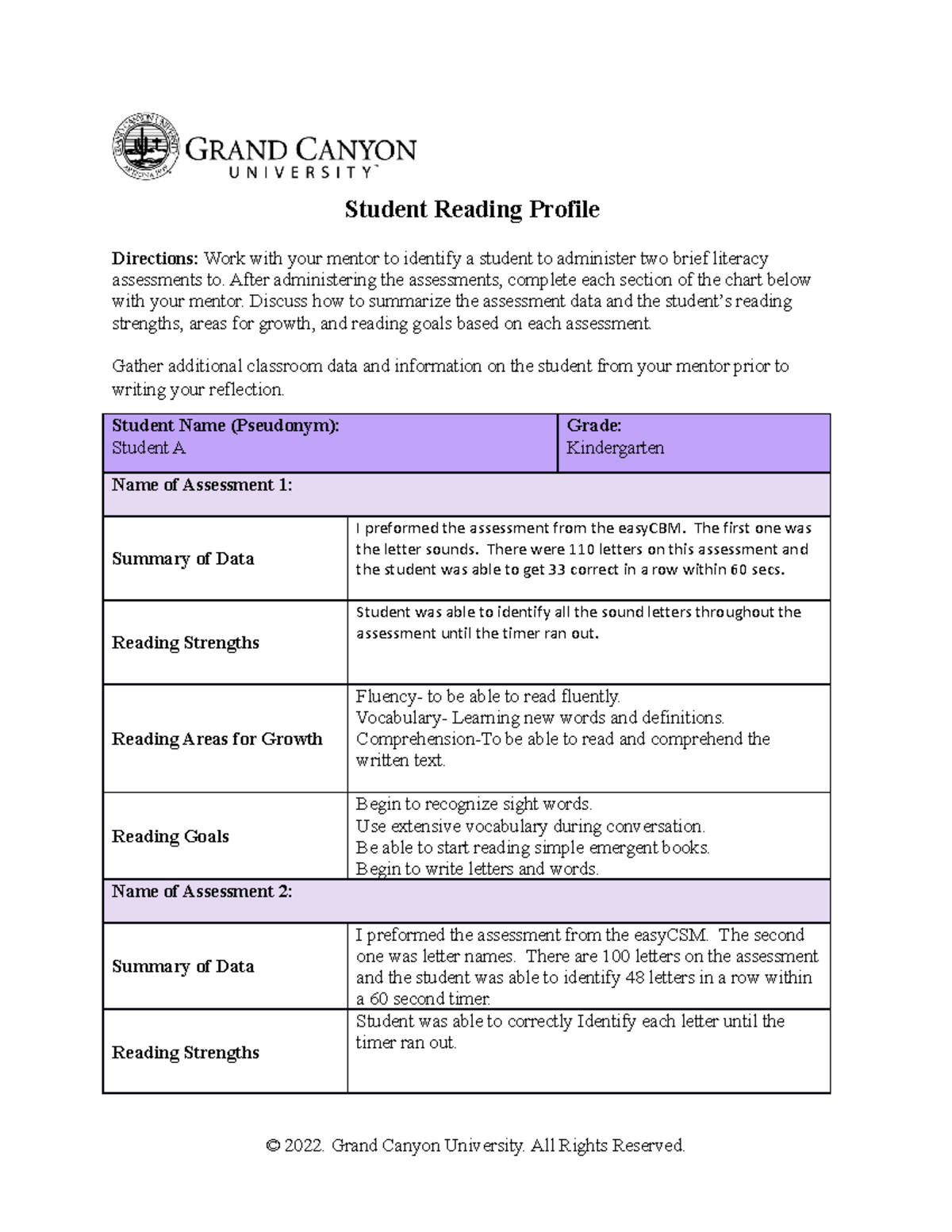 Week4assign 2 - Discussion - Student Reading Profile Directions: Work ...