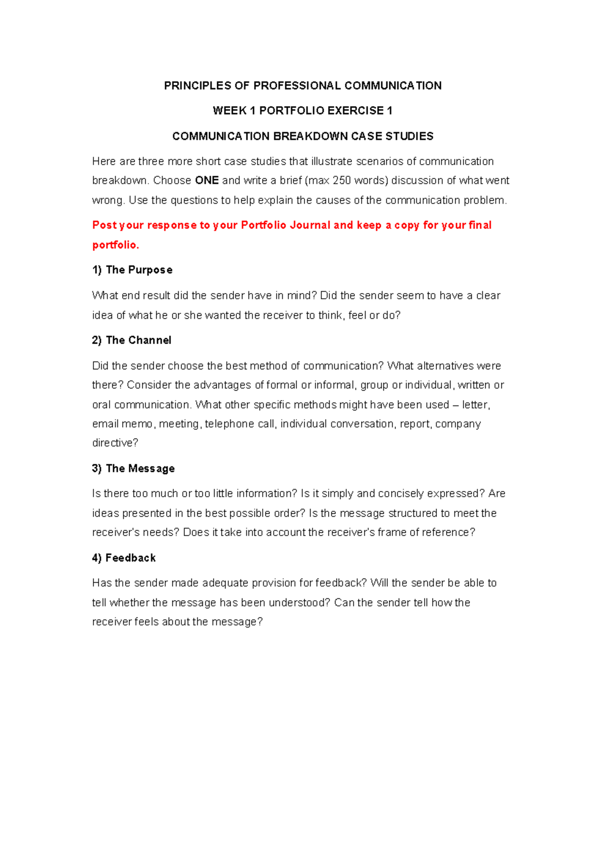 Week 1 case study exercise - PRINCIPLES OF PROFESSIONAL COMMUNICATION ...