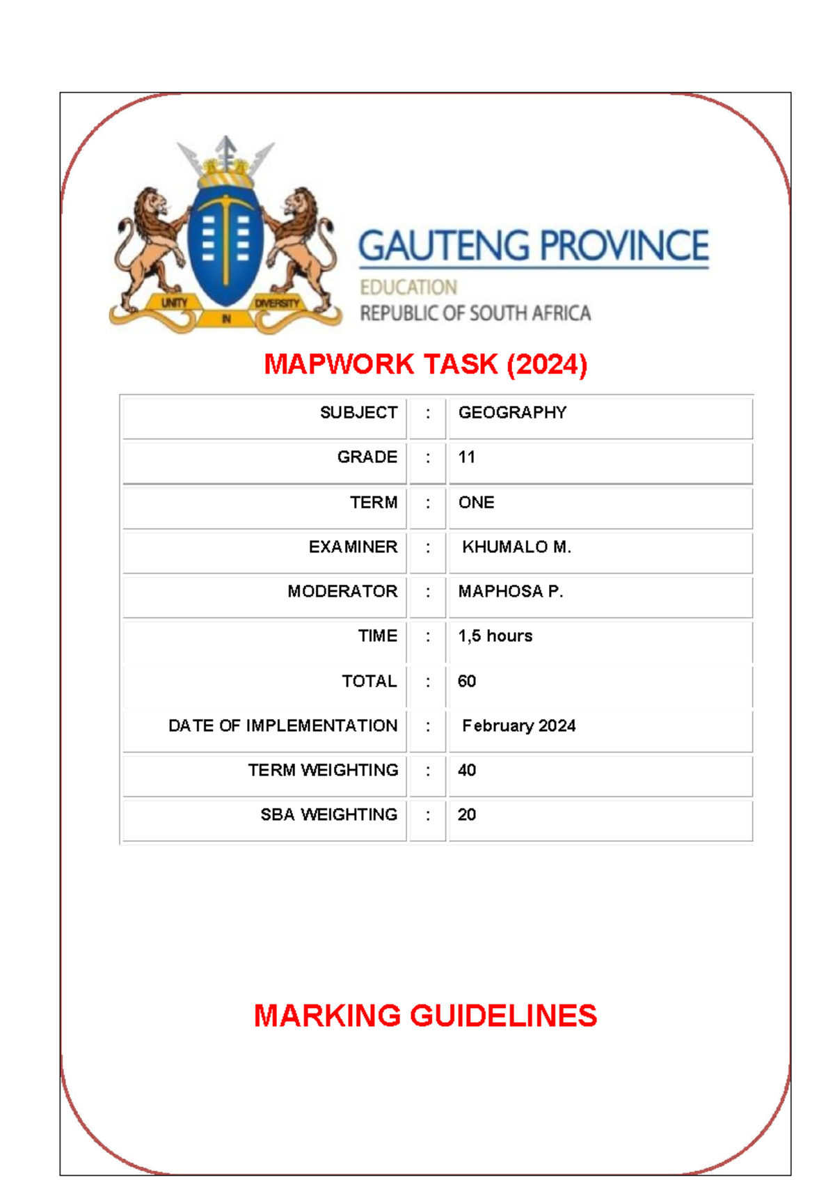 2024 Grade 11 Mapwork TASK Ermelo Marking Guide - MAPWORK TASK (2024 ...