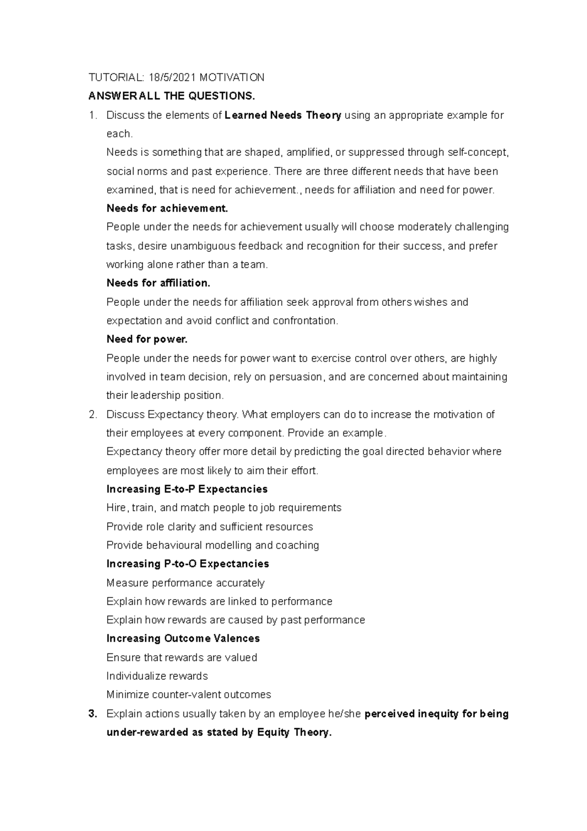 Tutorial Motivation - TUTORIAL: 18/5/2021 MOTIVATION ANSWER ALL THE ...