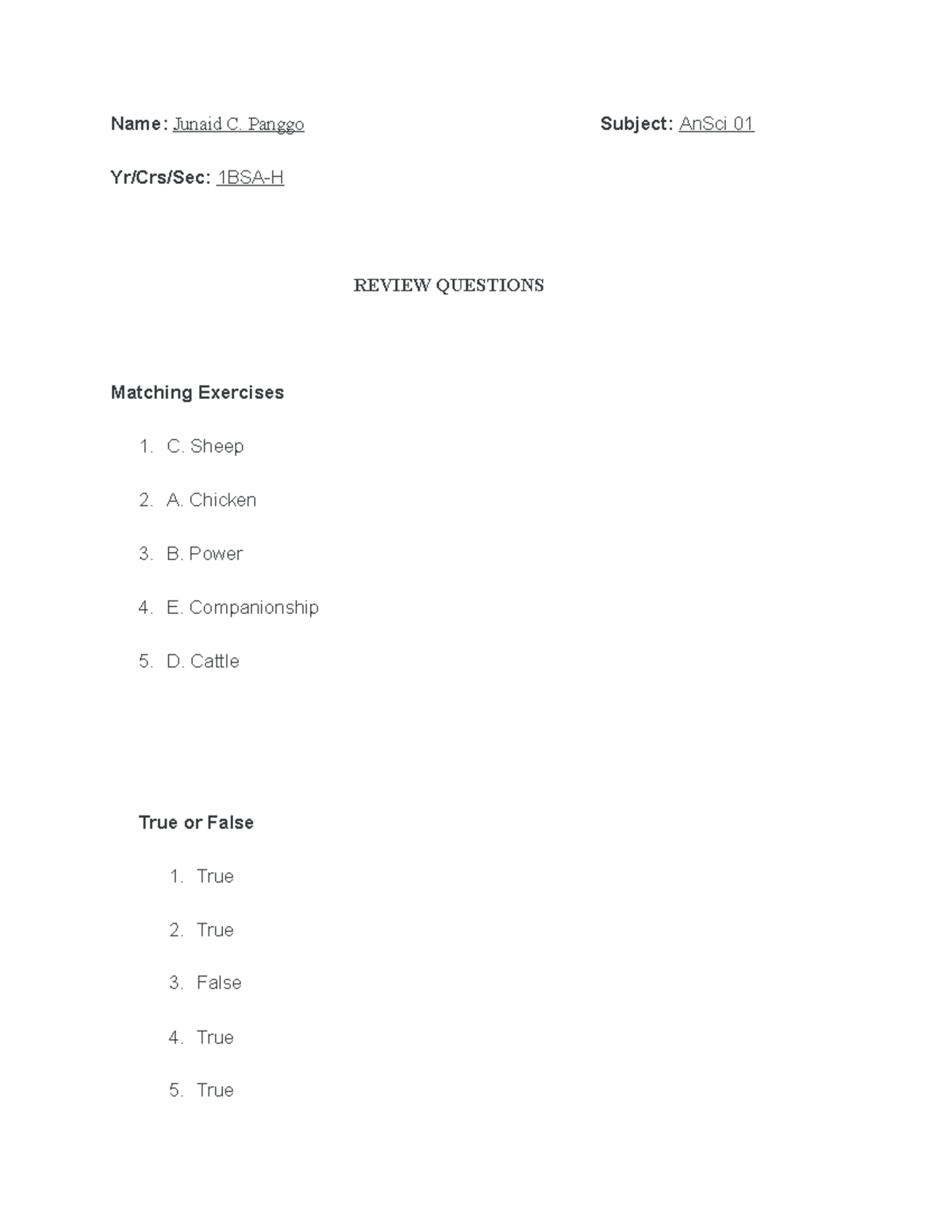 Ansci Review Questions - Name: Junaid C. Panggo Subject: AnSci 01 Yr ...
