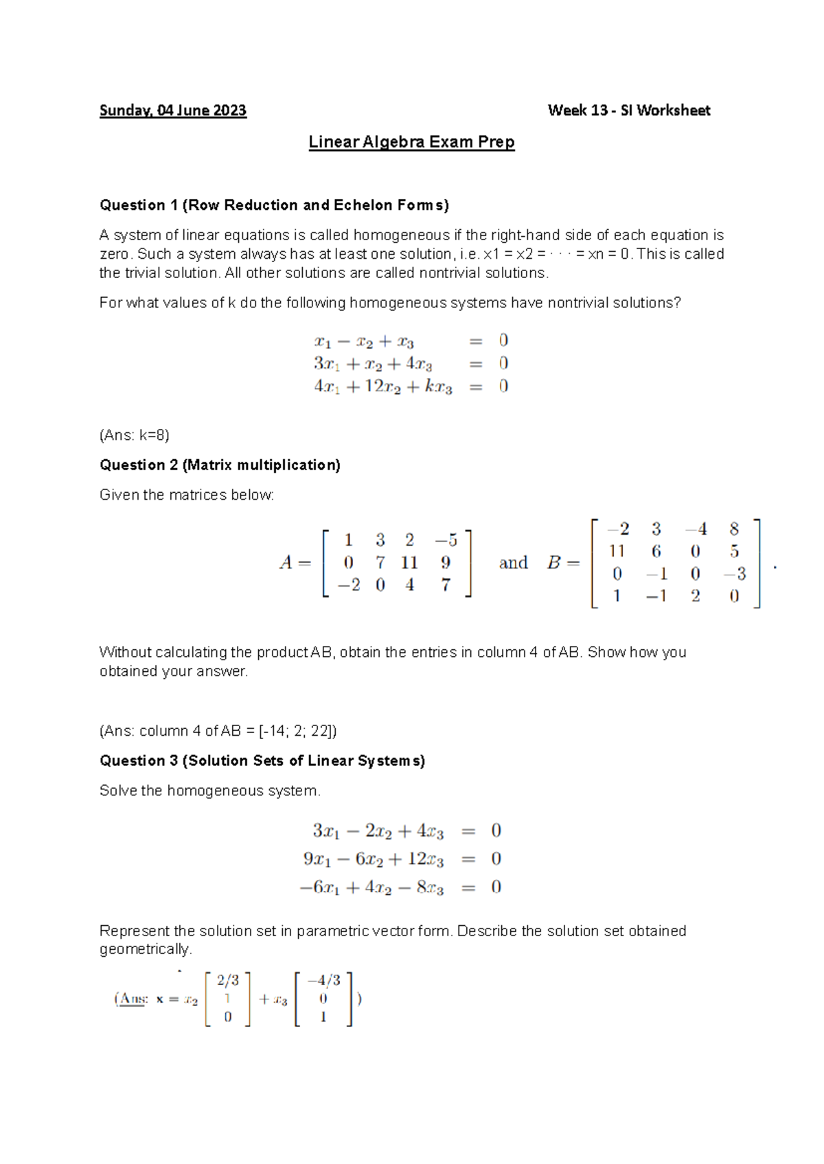 Week 12- Linear Algebra Exam Prep - Sunday, 04 June 2023 Week 1 3 - SI ...