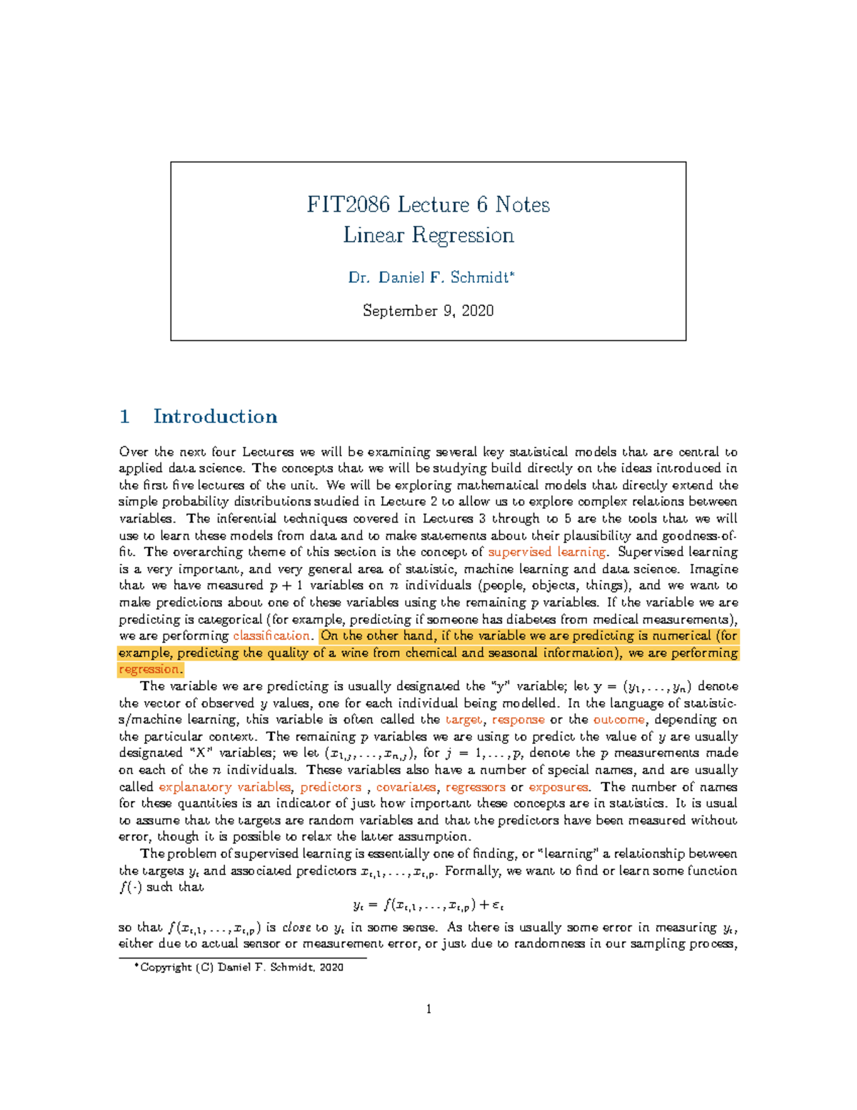Lecture 6 Notes Fit2086 Lecture 6 Notes Linear Regression Dr Daniel