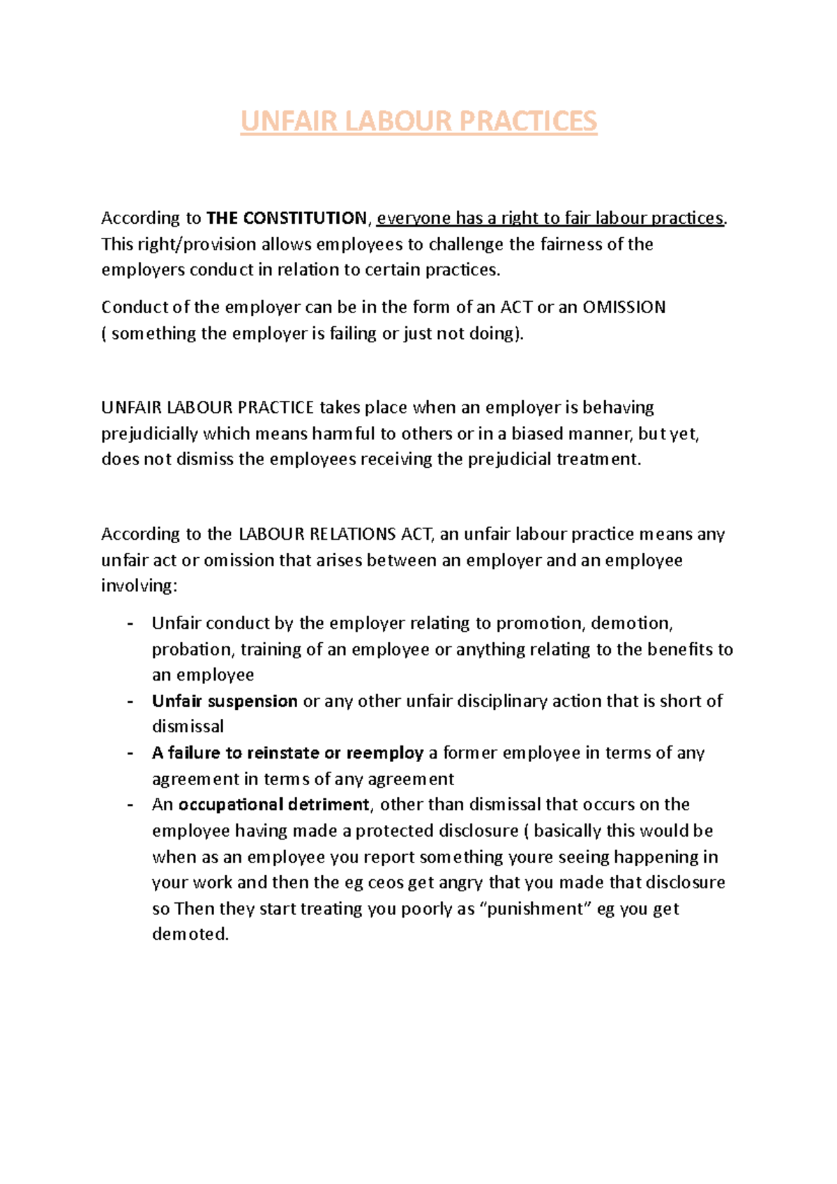 Unfair Labour Practices NOTES - UNFAIR LABOUR PRACTICES According to ...