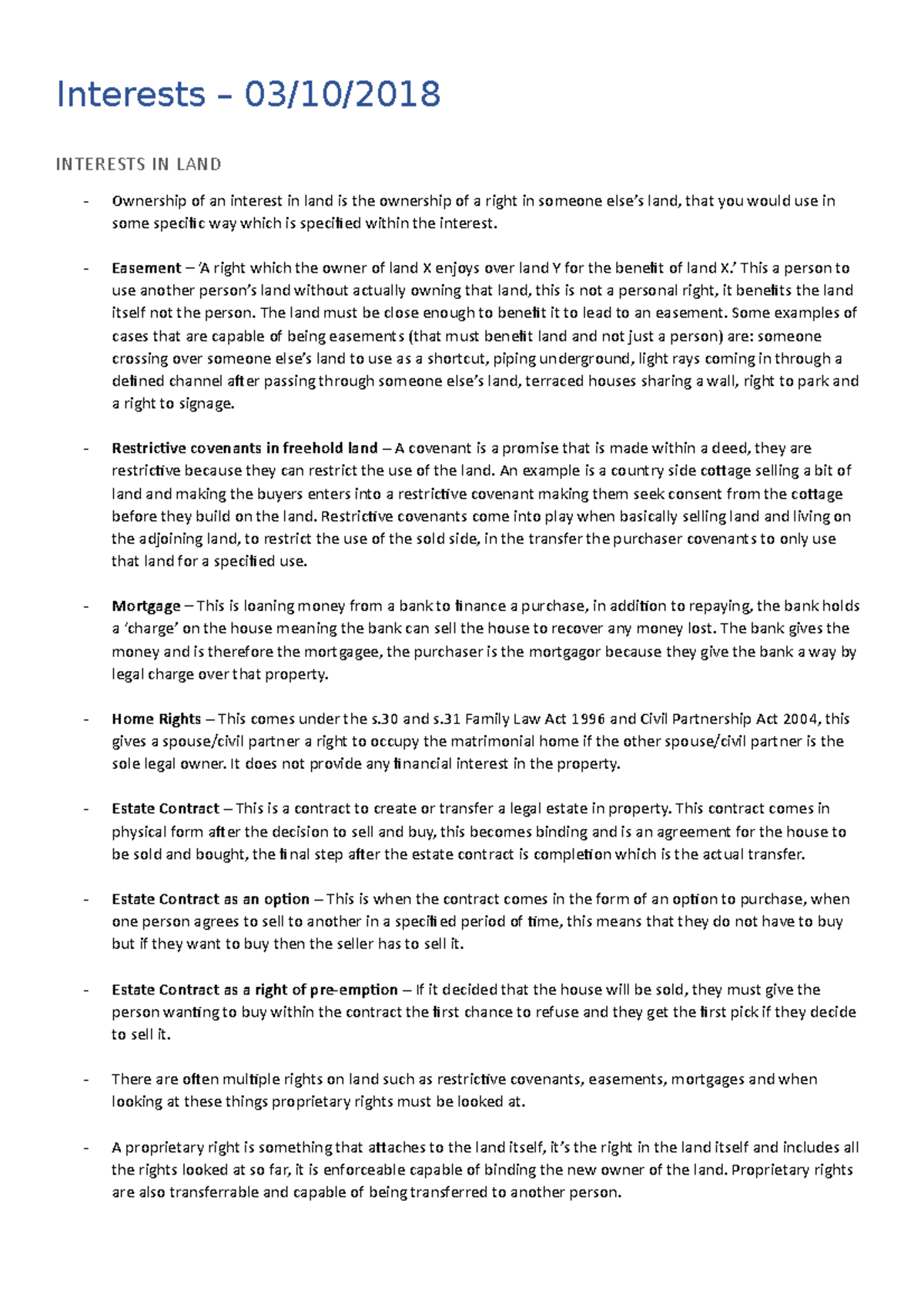 2. Interests - lecture 2 - Interests – 03/10/ INTERESTS IN LAND ...