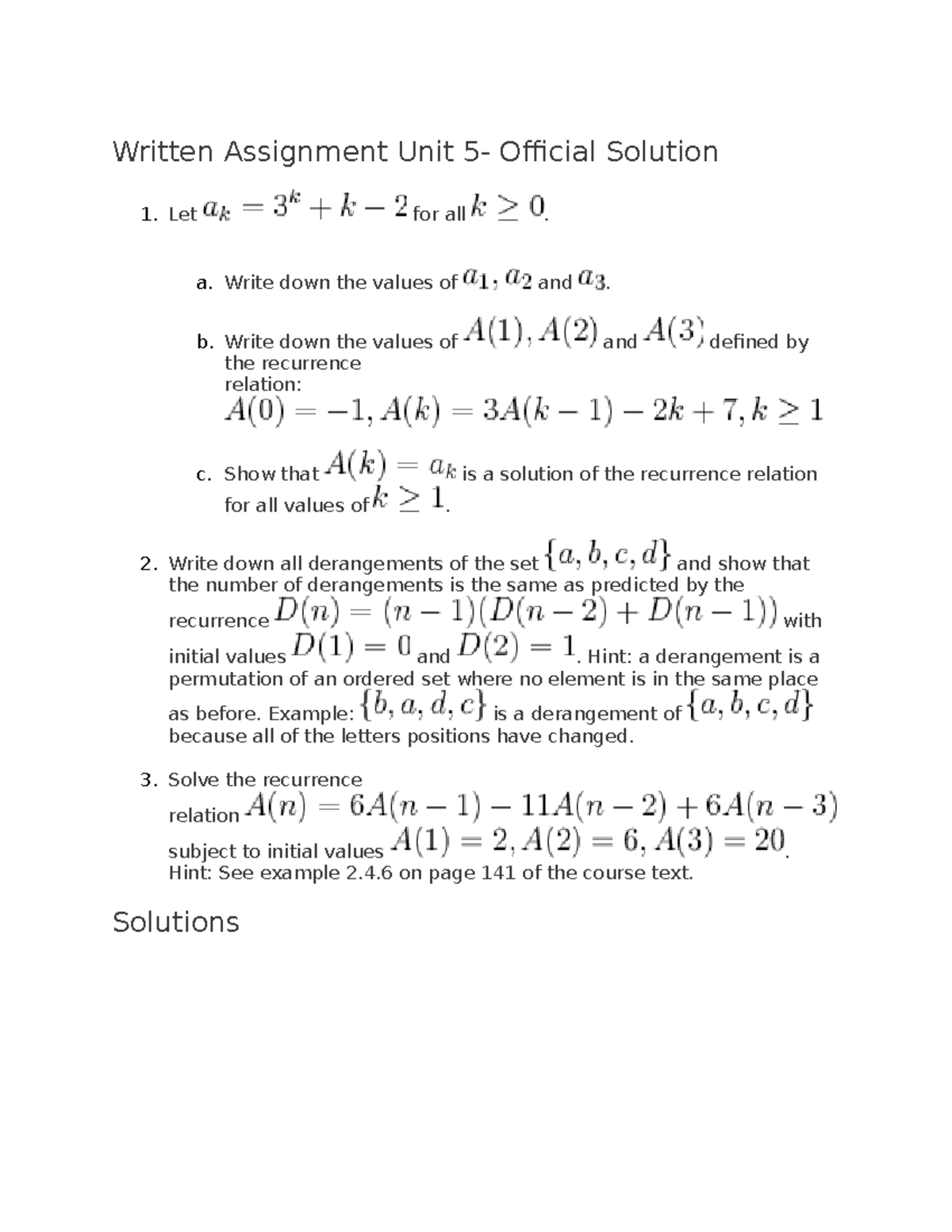 Written Assignment Unit 5- Official Solution - a. Write down the values of and. b. Write down ...
