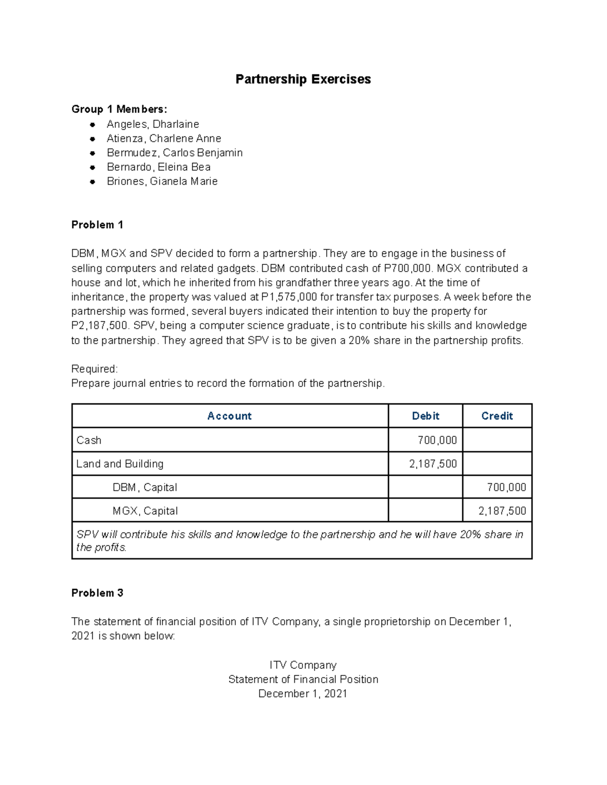Partnership Exercises 1A4 Group 1 - Partnership Exercises Group 1 ...