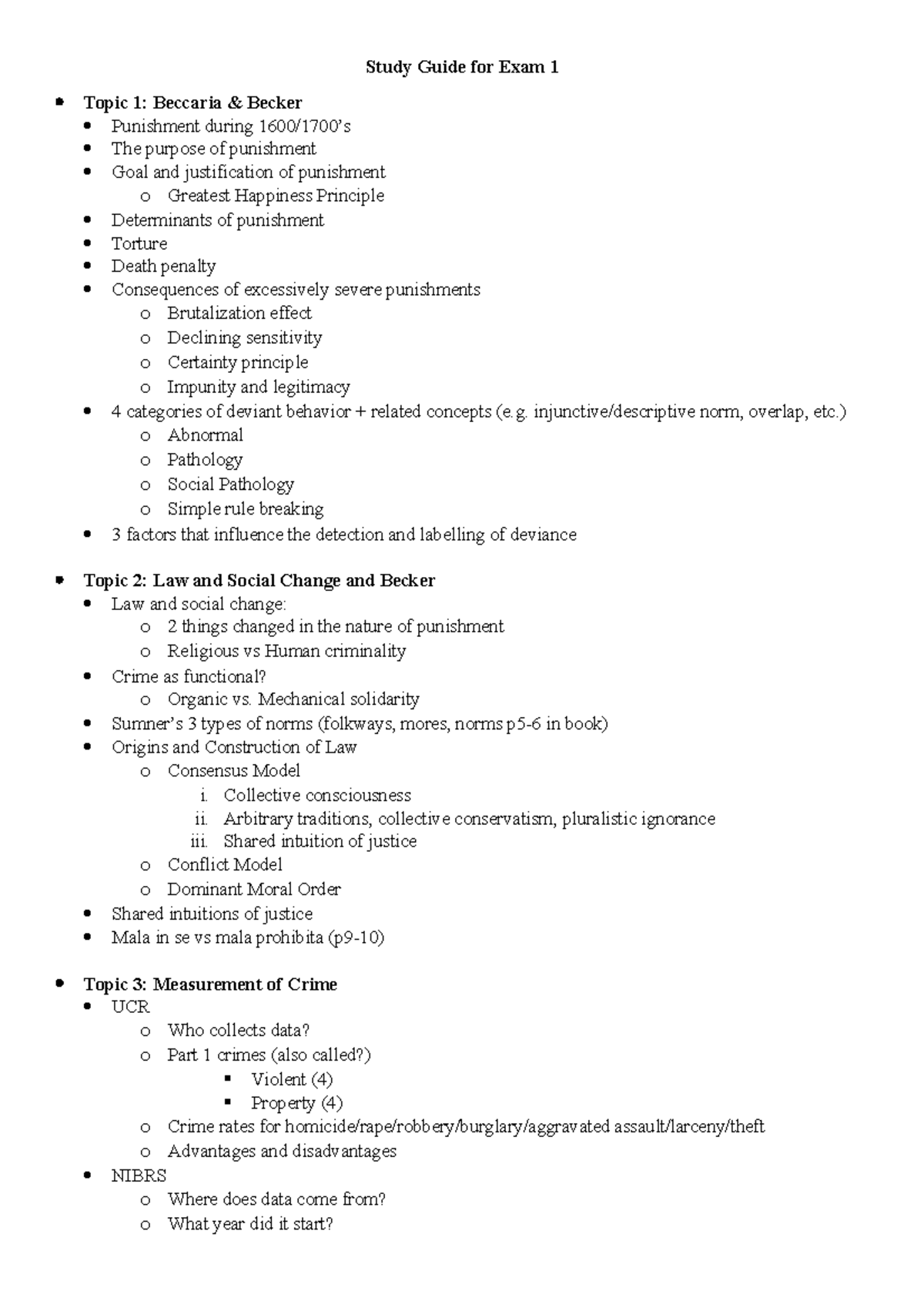 Exam 1 Study Guide - Study Guide for Exam 1 Topic 1: Beccaria & Becker ...